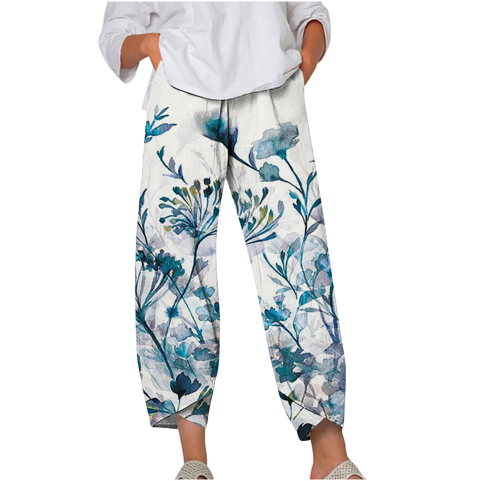 ZQGJB Savings Clearance Womens Summer Linen Capri Pants Casual Floral ...