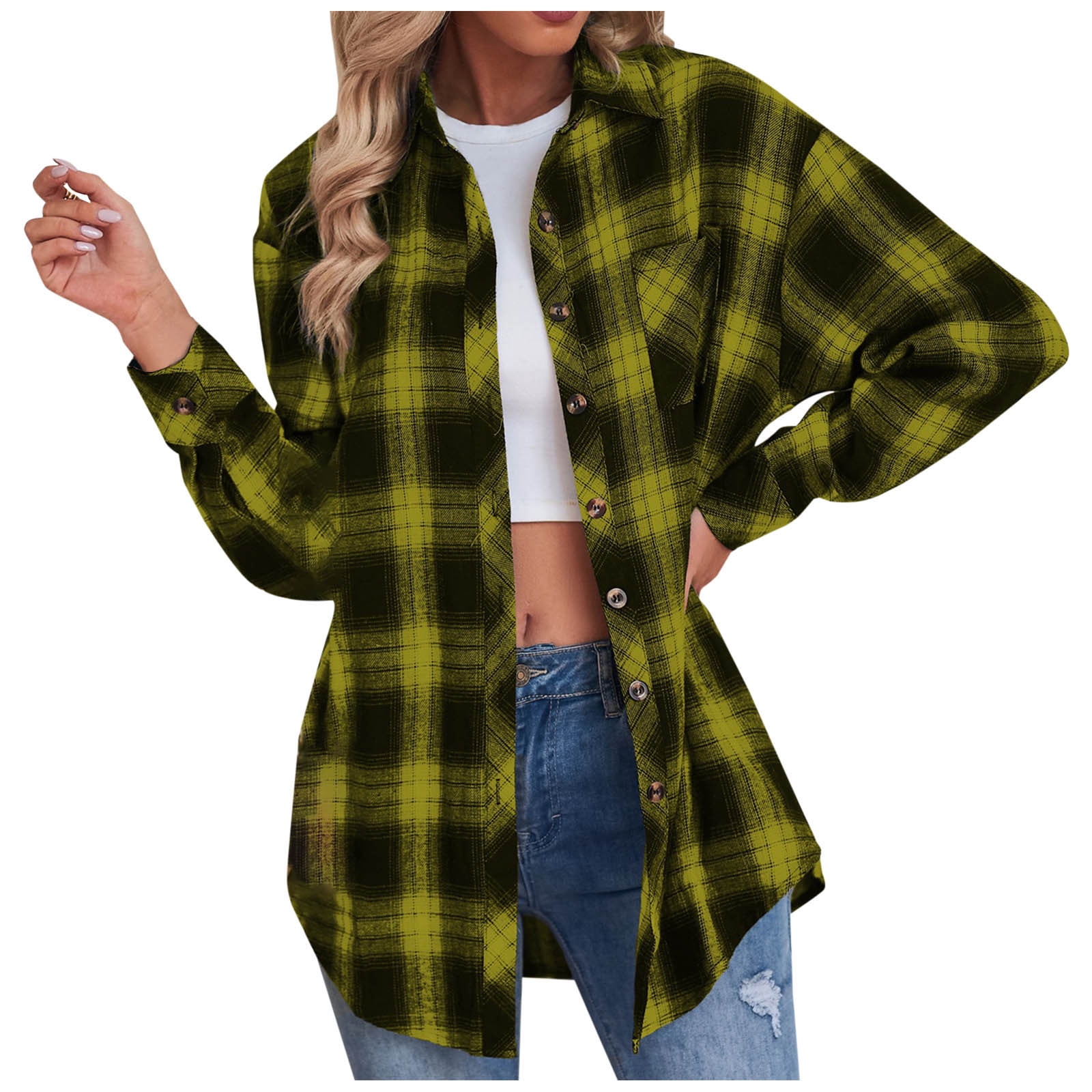 ZQGJB Women's Fall Winter Plaid Flannel Shacket Jacket Long Sleeve ...