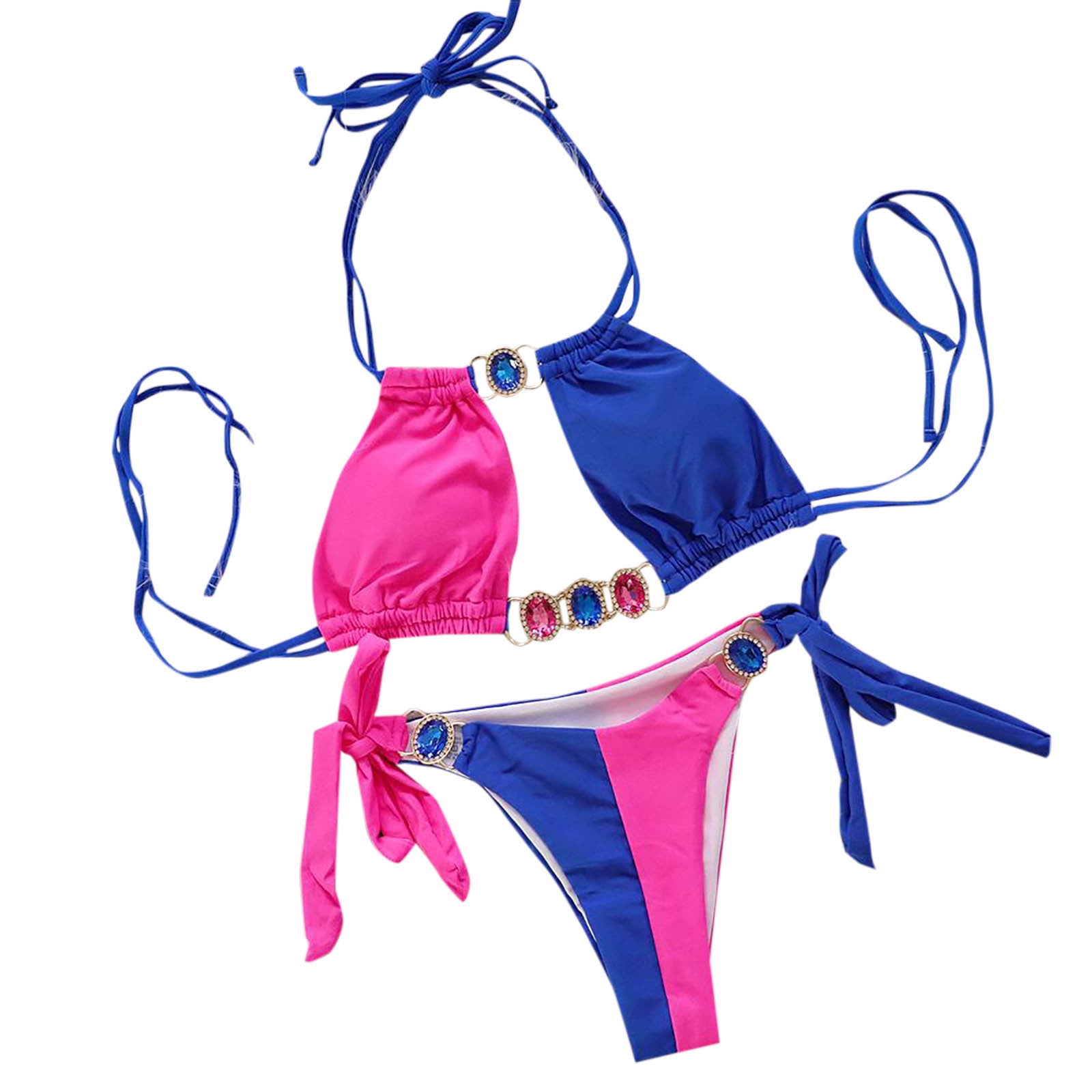 ZQGJB Sexy Women Color Block Swimsuit, Rhinestone Halter Thong Low Rise ...