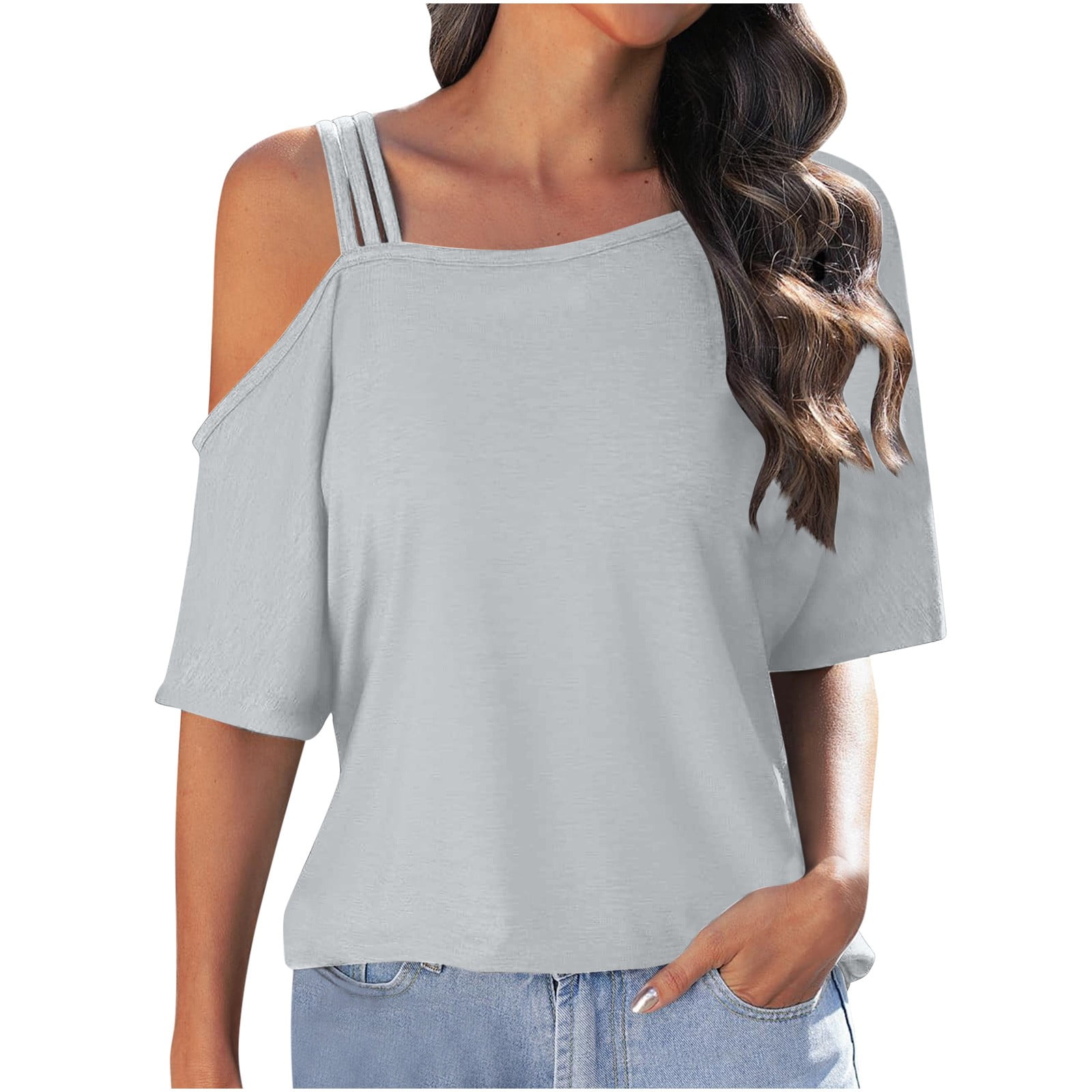 ZQGJB Strappy Cold Shoulder Tops for Women Casual Summer Short Sleeve ...