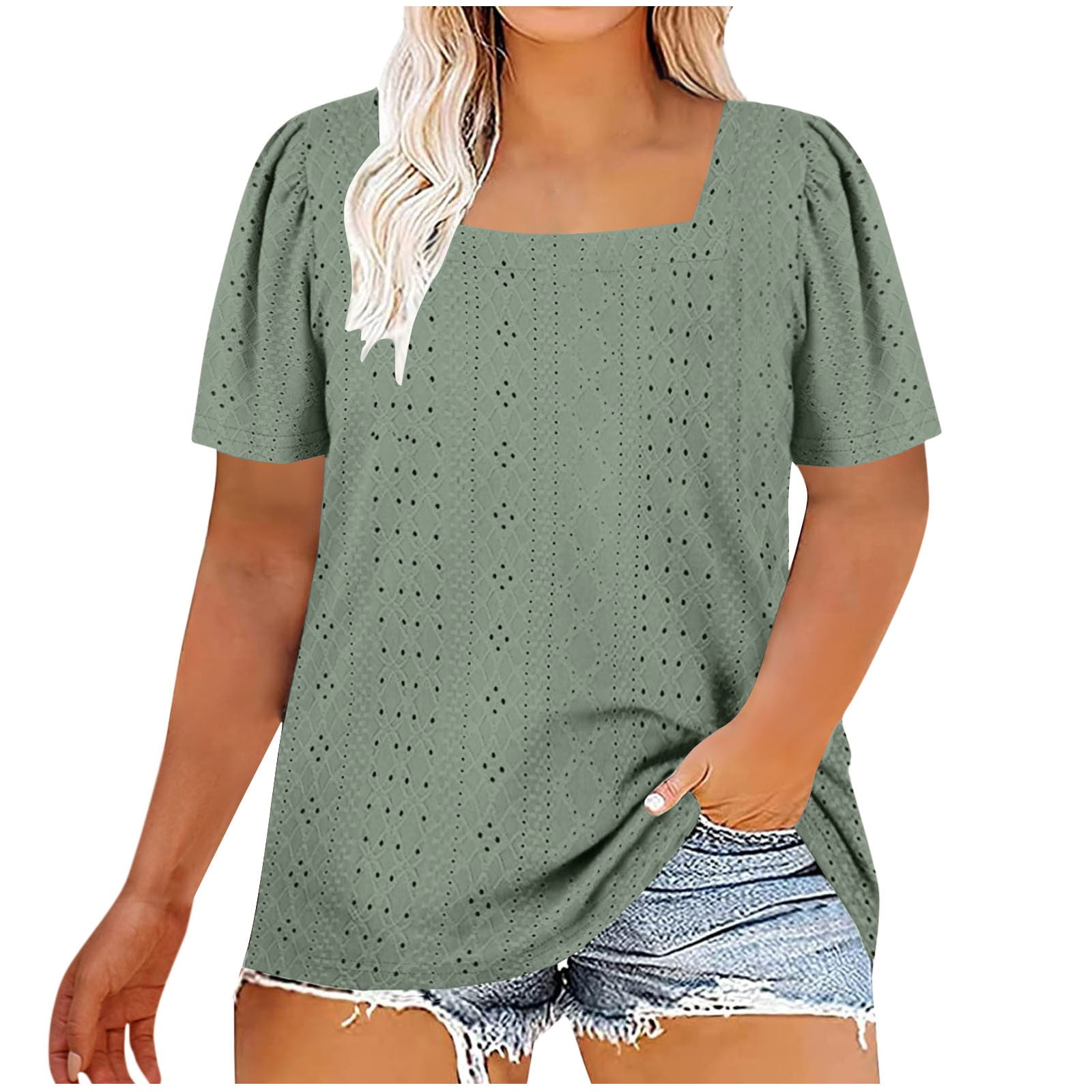 ZQGJB Summer Plus Size Womens T-Shirts Lace Crochet Eyelet Hollow out ...