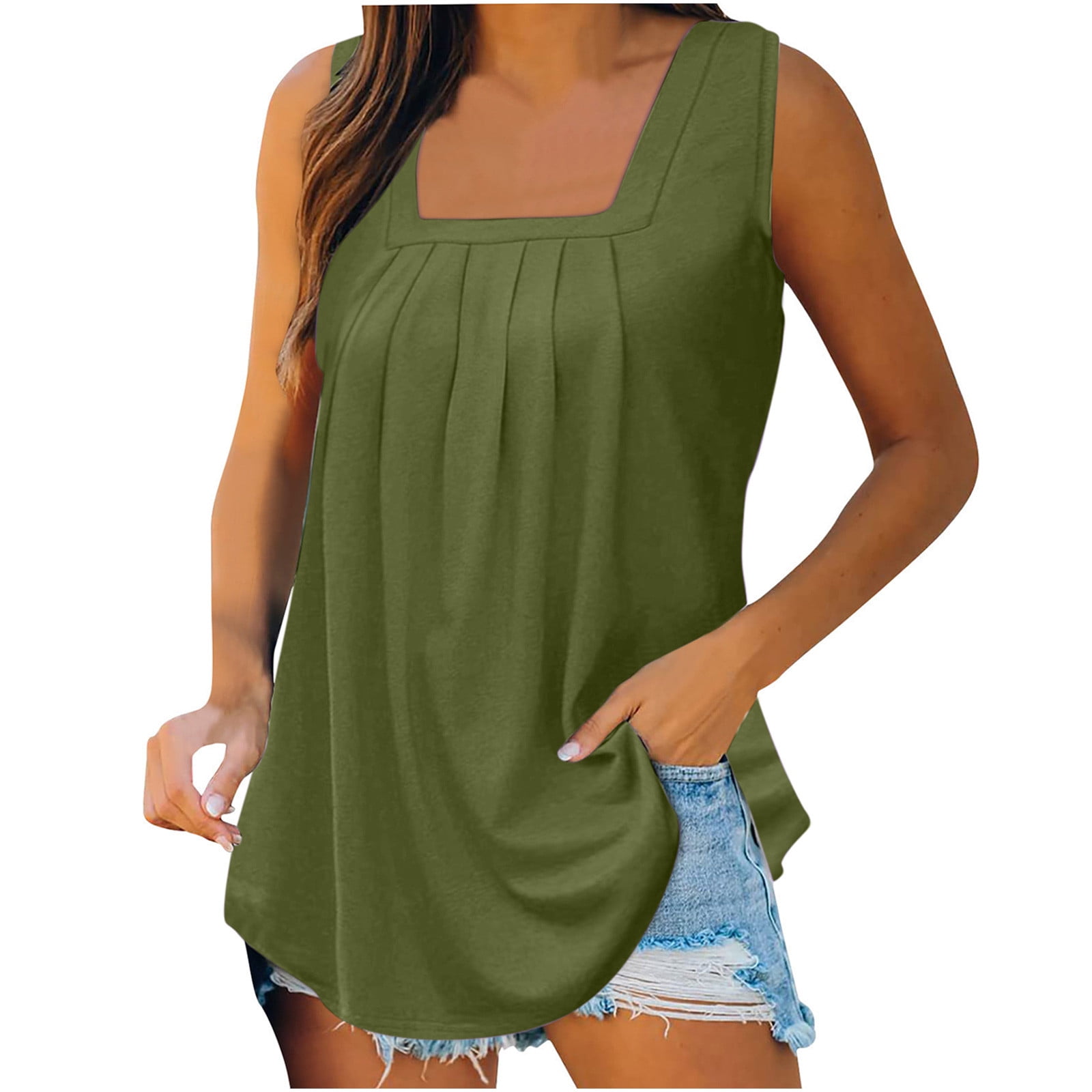 ZQGJB Summer Tank Tops for Women Loose Fit Pleated Square Neck ...