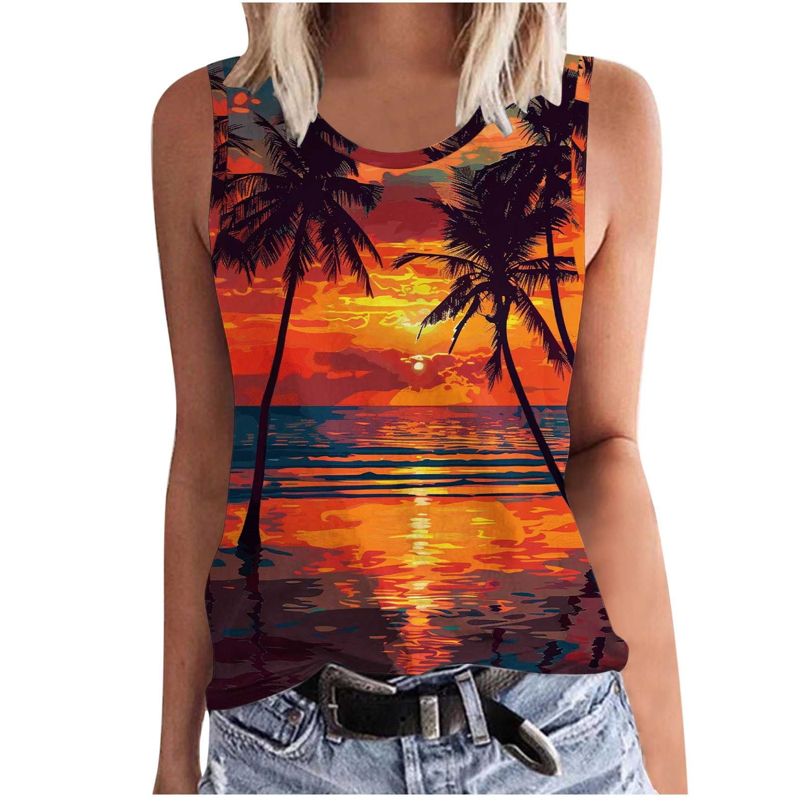 ZQGJB Summer Tank Tops for Women Trendy Tropical Palm Tree Sunset Print ...