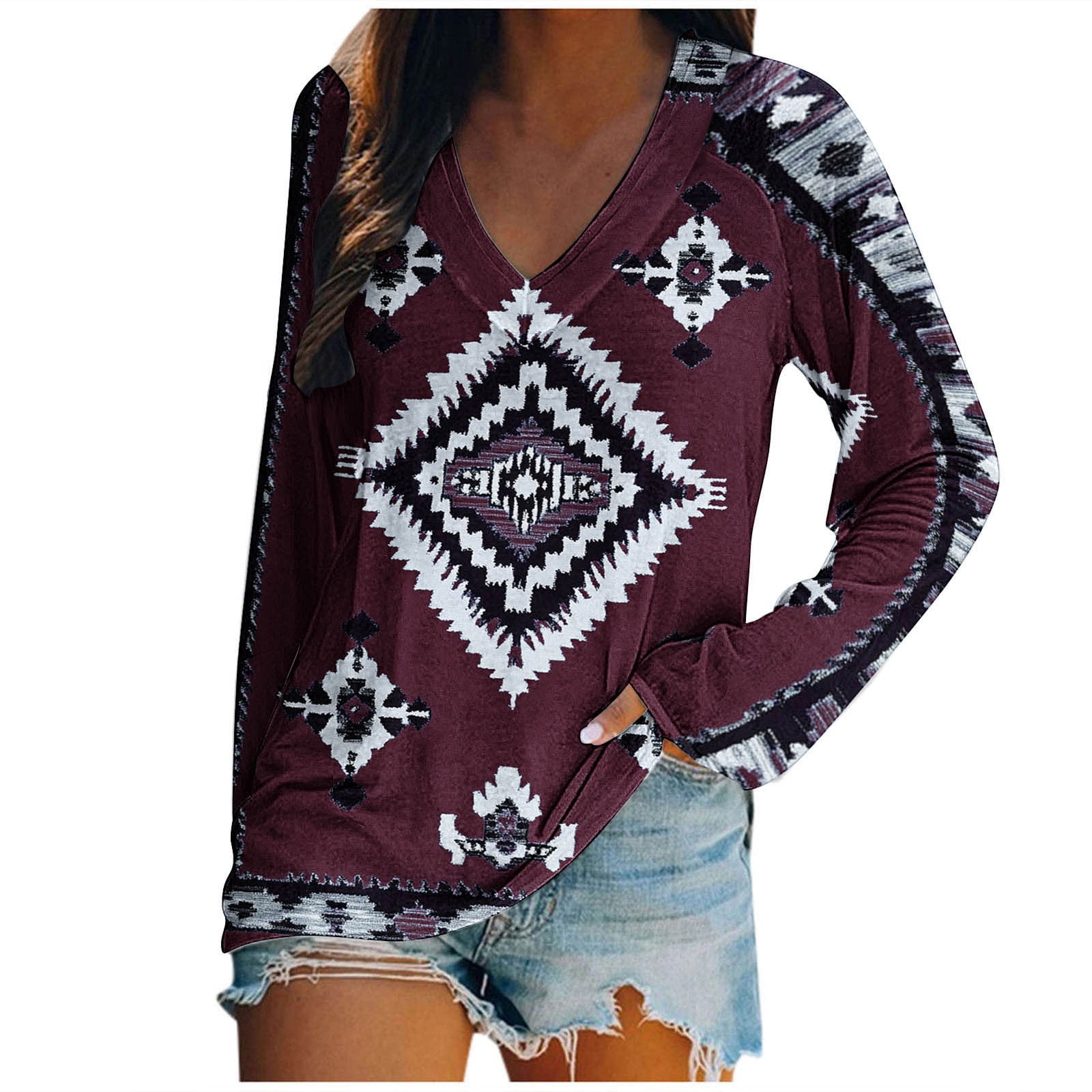 ZQGJB Vintage Print Western Shirts for Women Ethnic Style Aztec Pattern Graphic Long Sleeve ...
