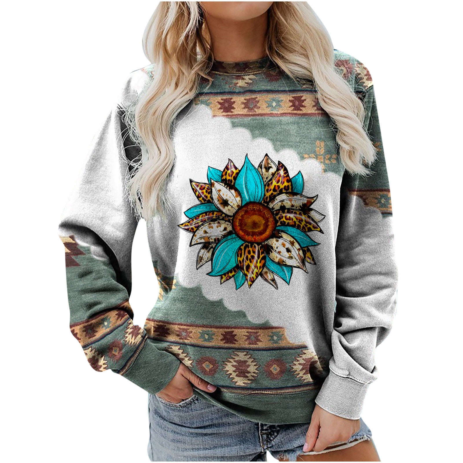 ZQGJB Western Ethnic Shirts for Women Vintage Long Sleeve Aztec Print ...