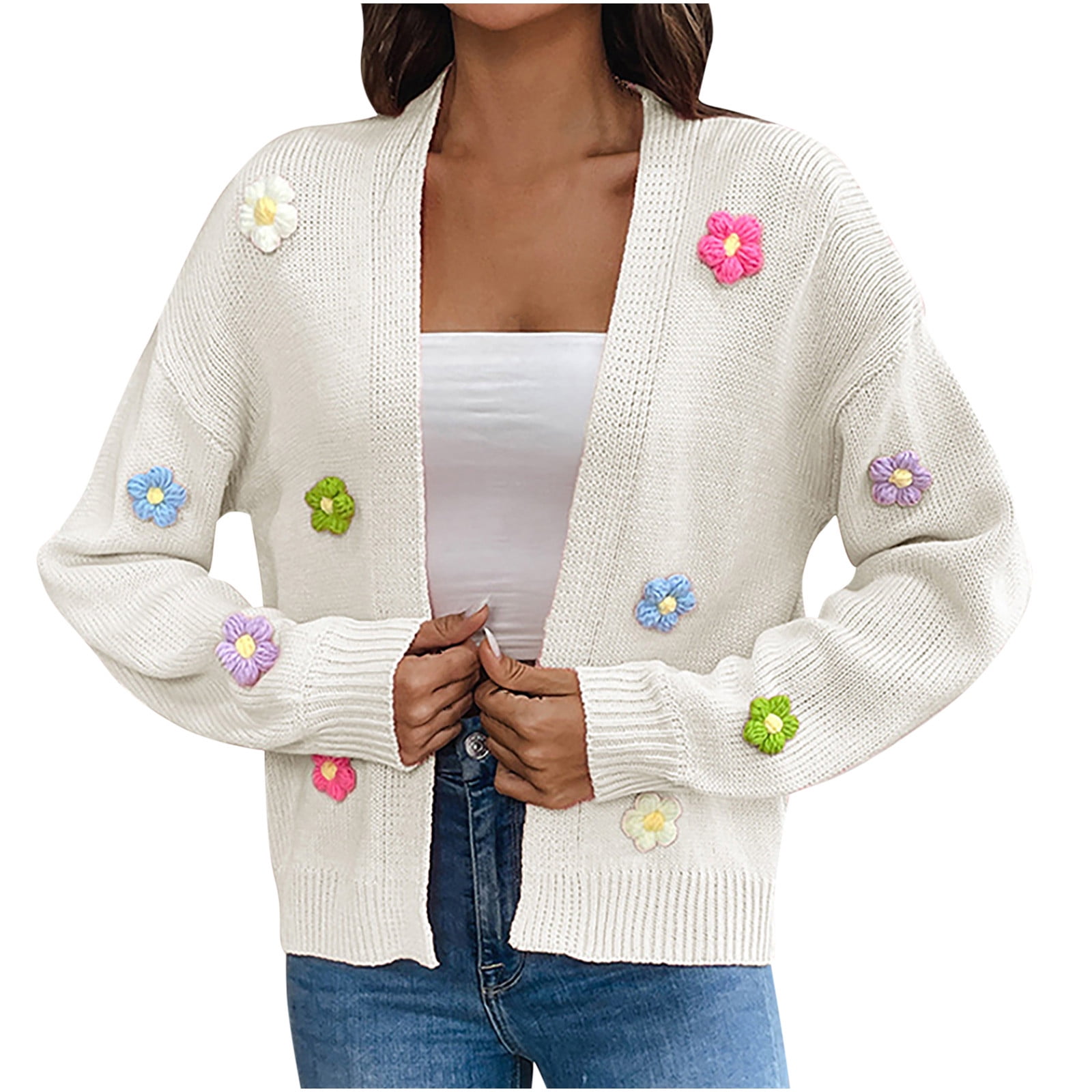 ZQGJB Women's Fall Cute Floral Pattern Button Jacquard Knit Cardigan ...