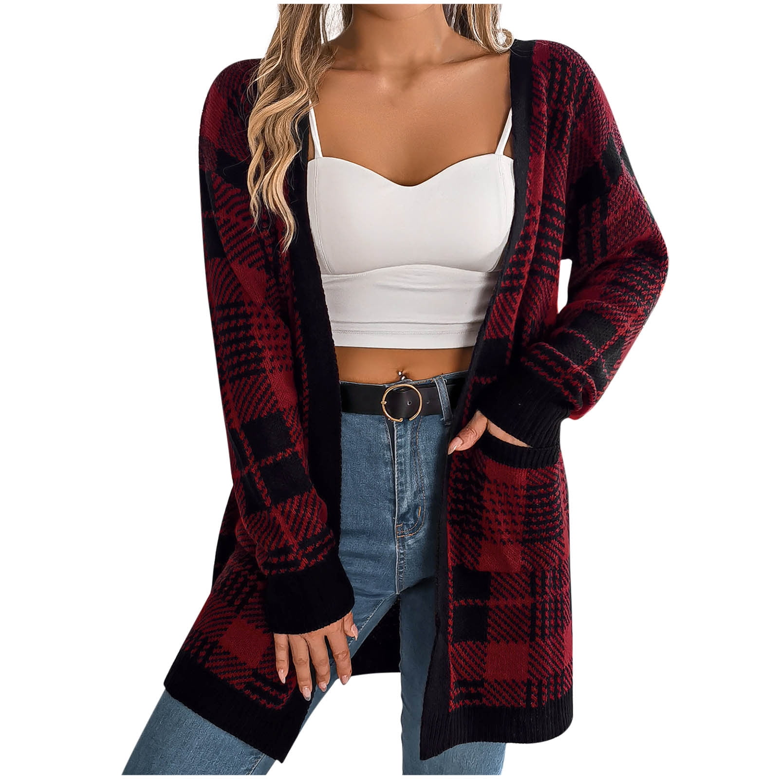 ZQGJB Women's Long Sleeve Open Front Cardigan Buffalo Plaid Knitted ...