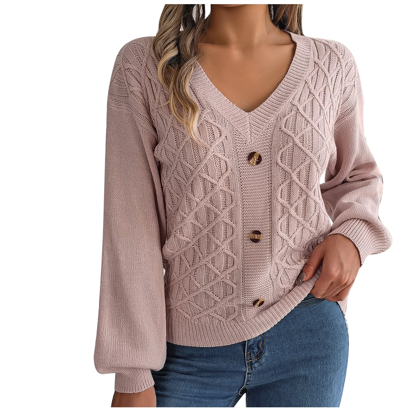 ZQGJB Women's Long Sleeve V Neck Ribbed Knitted Sweater Loose Fit ...
