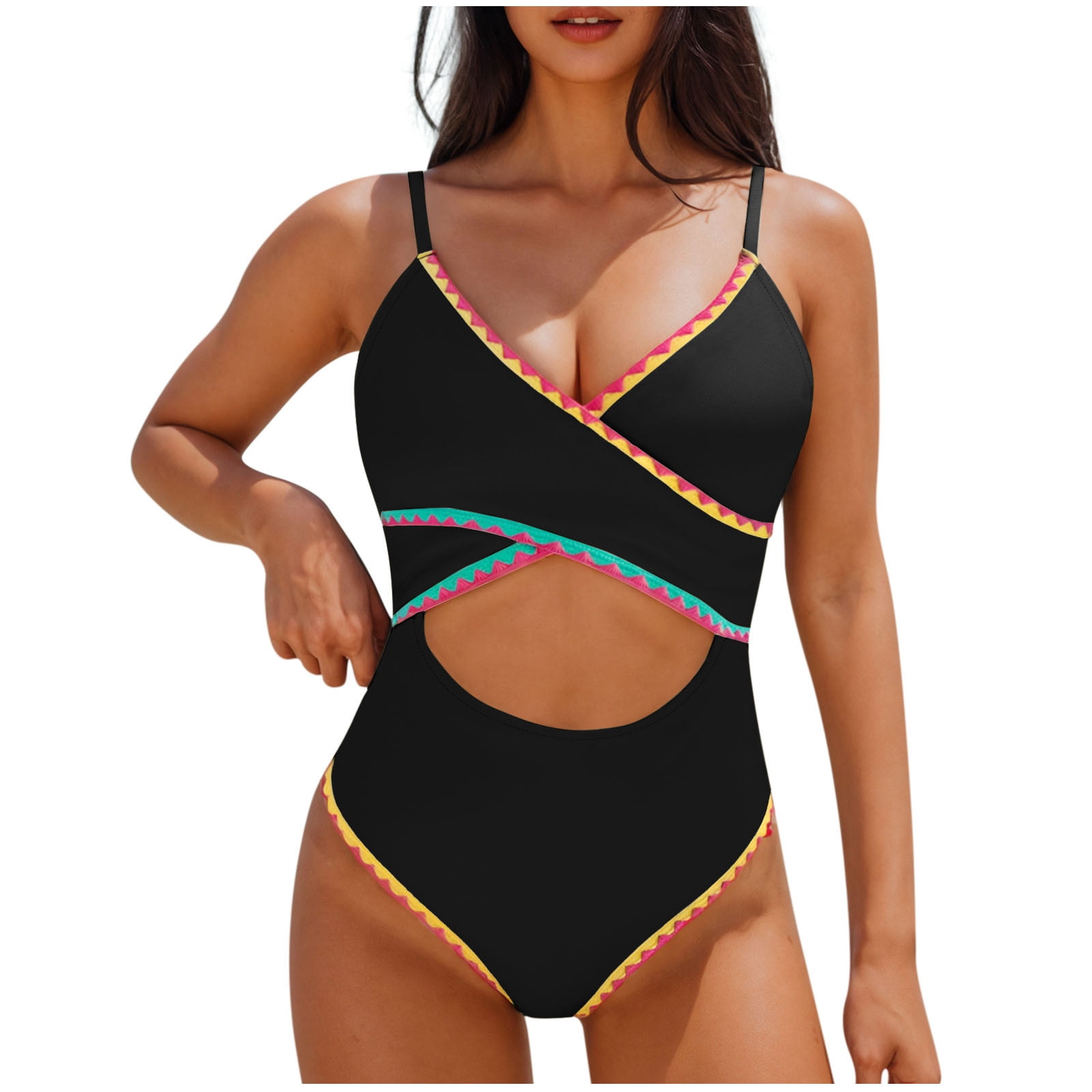 ZQGJB Women's One Piece Swimsuits 2025 Tummy Control -Modest Neon 1 Piece Bathing Suit Criss ...