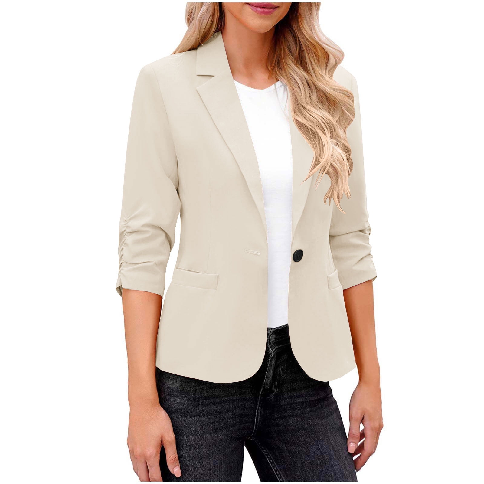 ZQGJB Women's Ruched 3/4 Sleeve Blazers, Lightweight Slim Fit Jackets ...