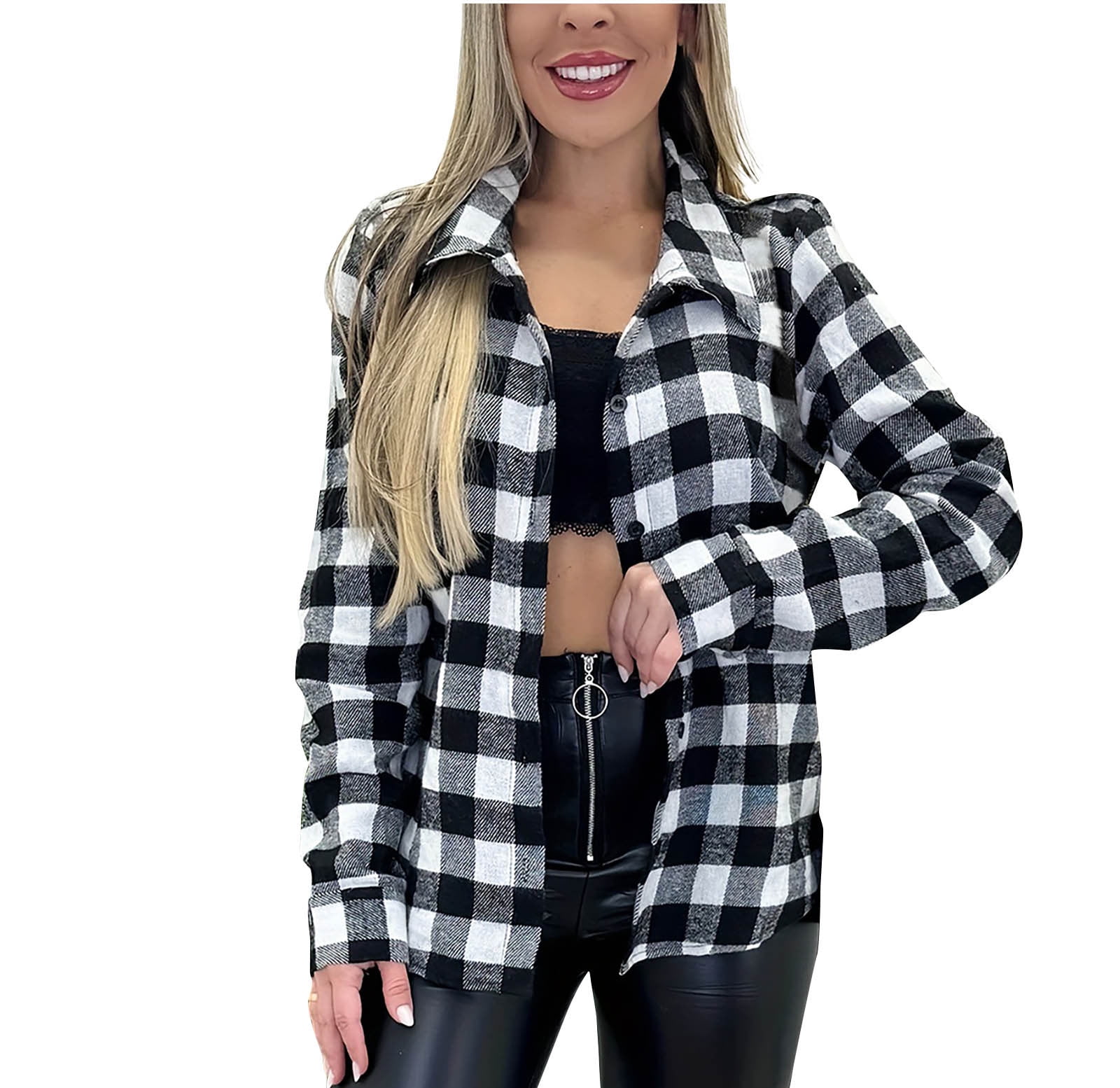 ZQGJB Womens Fashion Flannel Buffalo Plaid Shirt Button Down Long ...