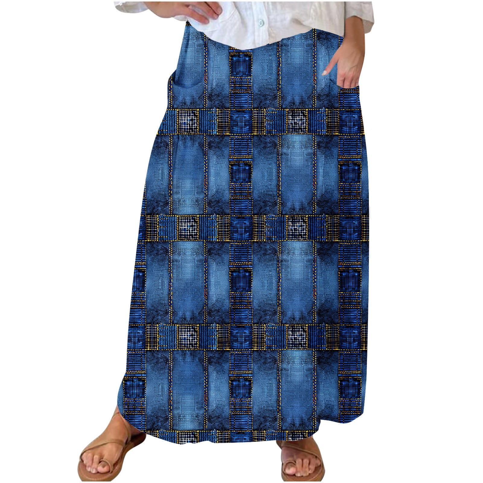 ZQUUVOU Boho Midi Skirt for Women Stretchy Waistband with Pockets ...