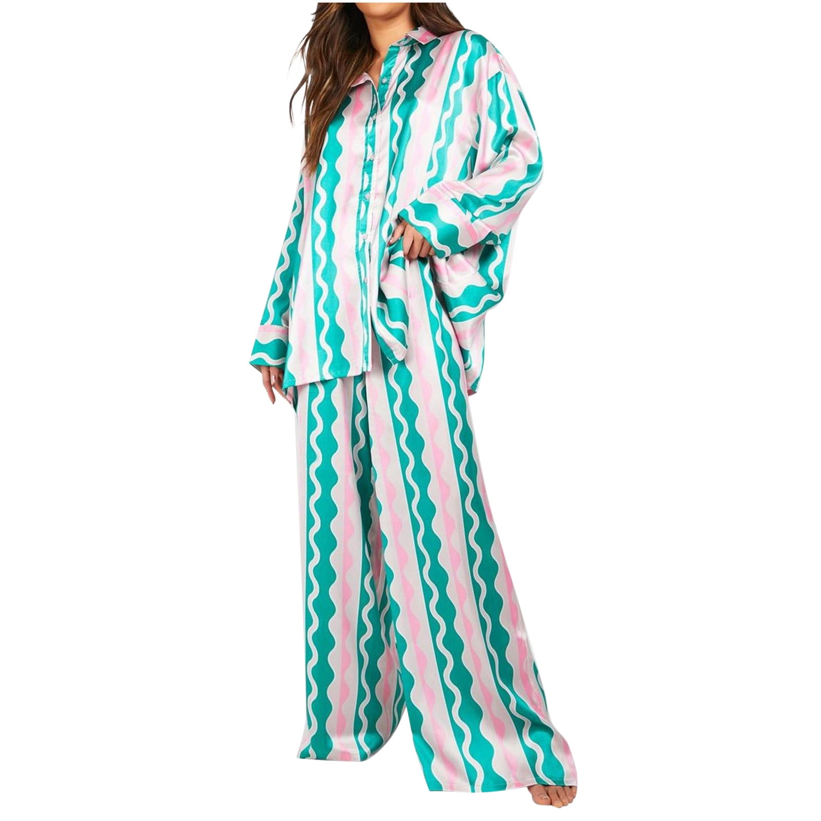 ZQUUVOU Silk Pajamas Set for Women Stripe Print Loose Notch Collar ...