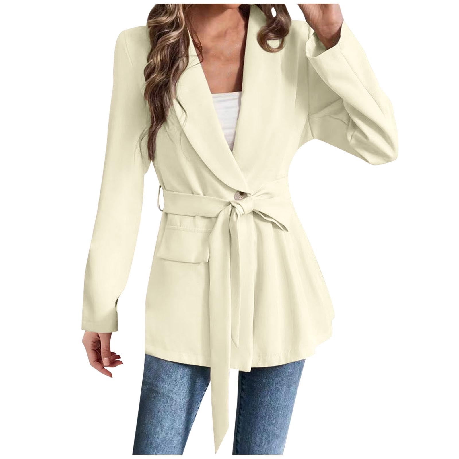 ZQUUVOU Women's Button Belt Blazer Jacket Fall Winter Long Sleeve Notch ...