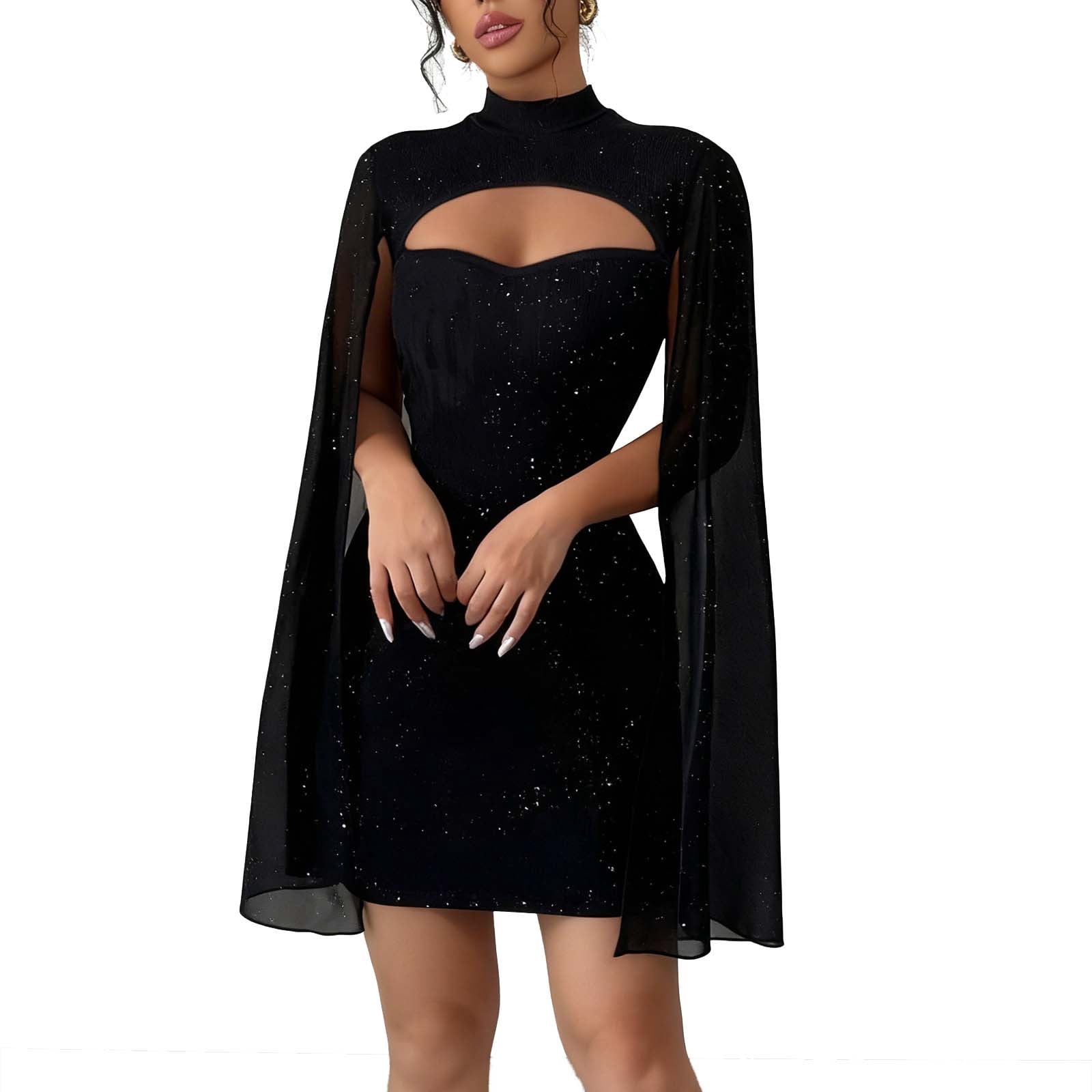 ZQUUVOU Women's Cape Dress Long Sleeve Round Neck Ribbed Bodycon Midi ...