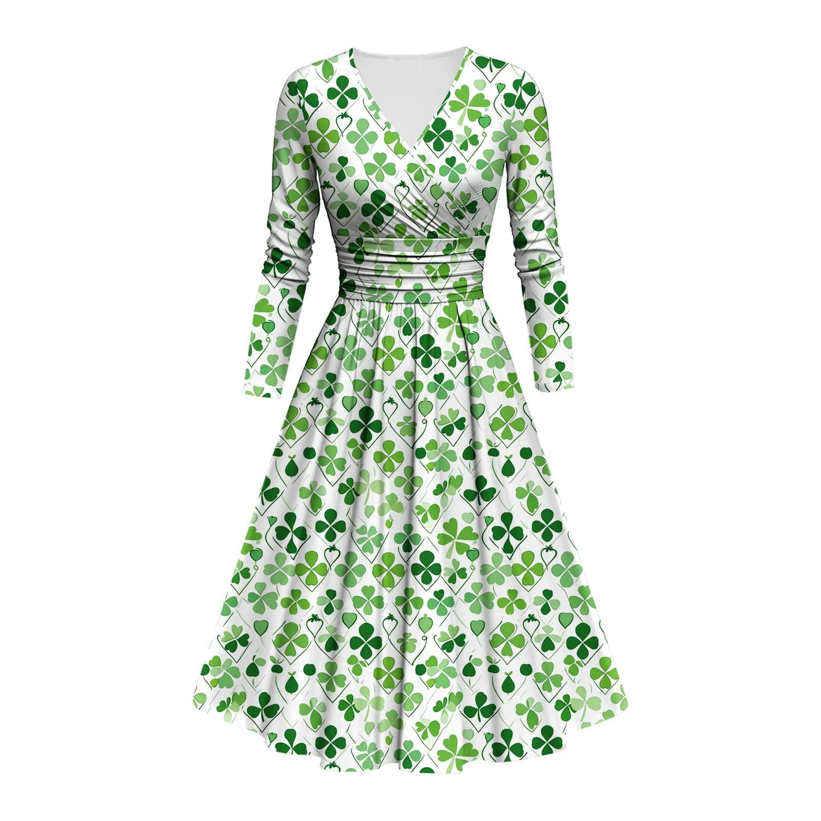 ZQUUVOU Women's Carnival Dress Long Sleeve V Neck Green Themed Pattern ...