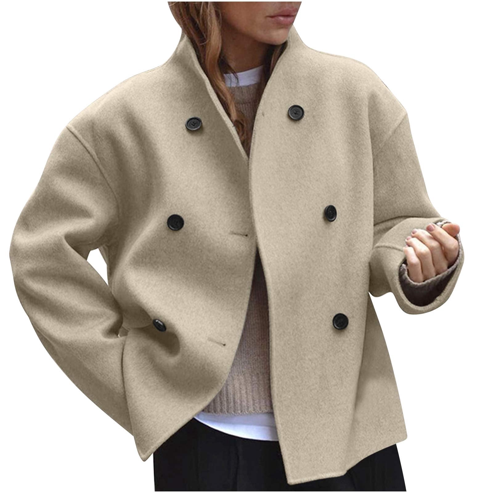 ZQUUVOU Women's Cropped Fleece Coats Warm Pea Coat Stand Collar Double ...