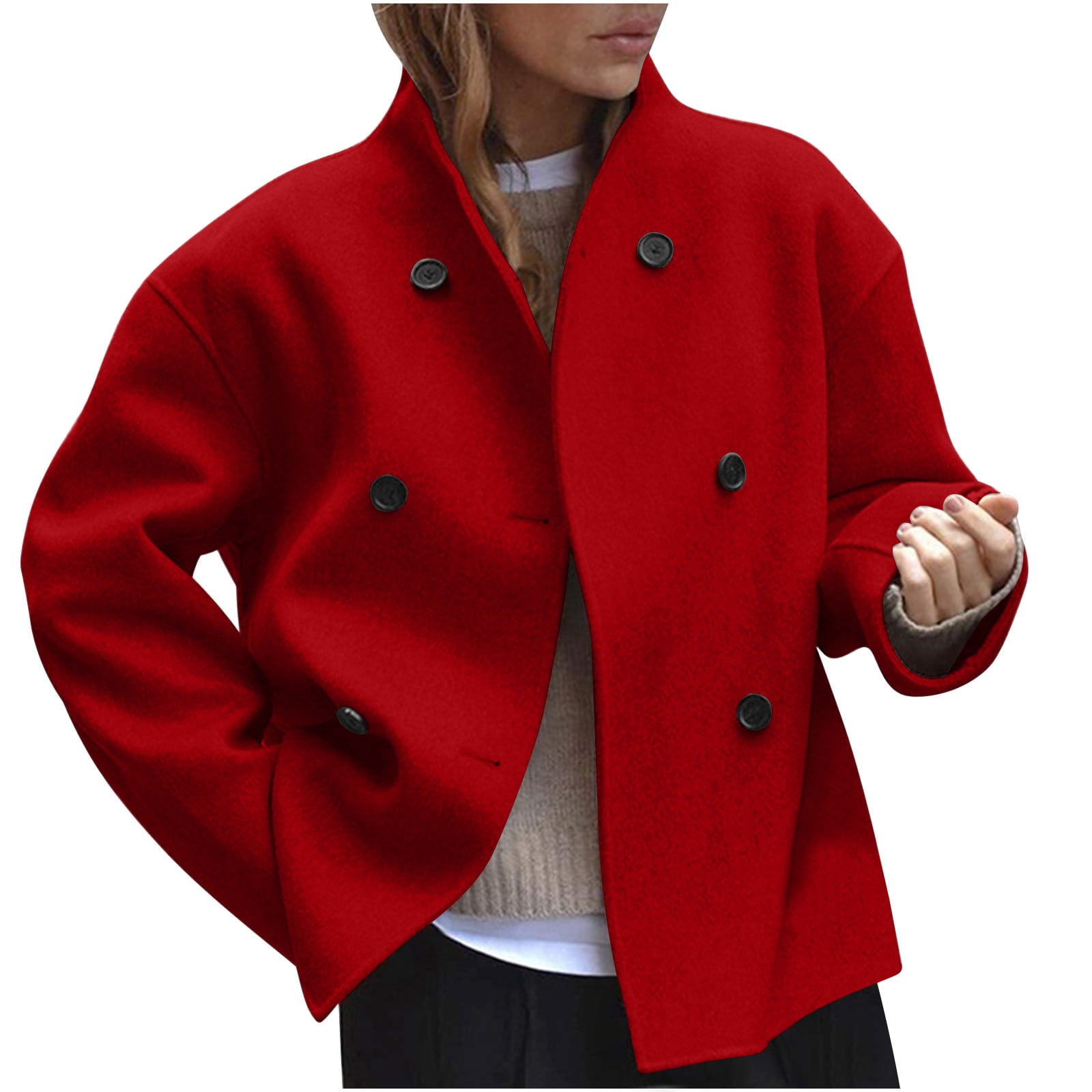 ZQUUVOU Women's Cropped Fleece Coats Warm Pea Coat Stand Collar Double ...