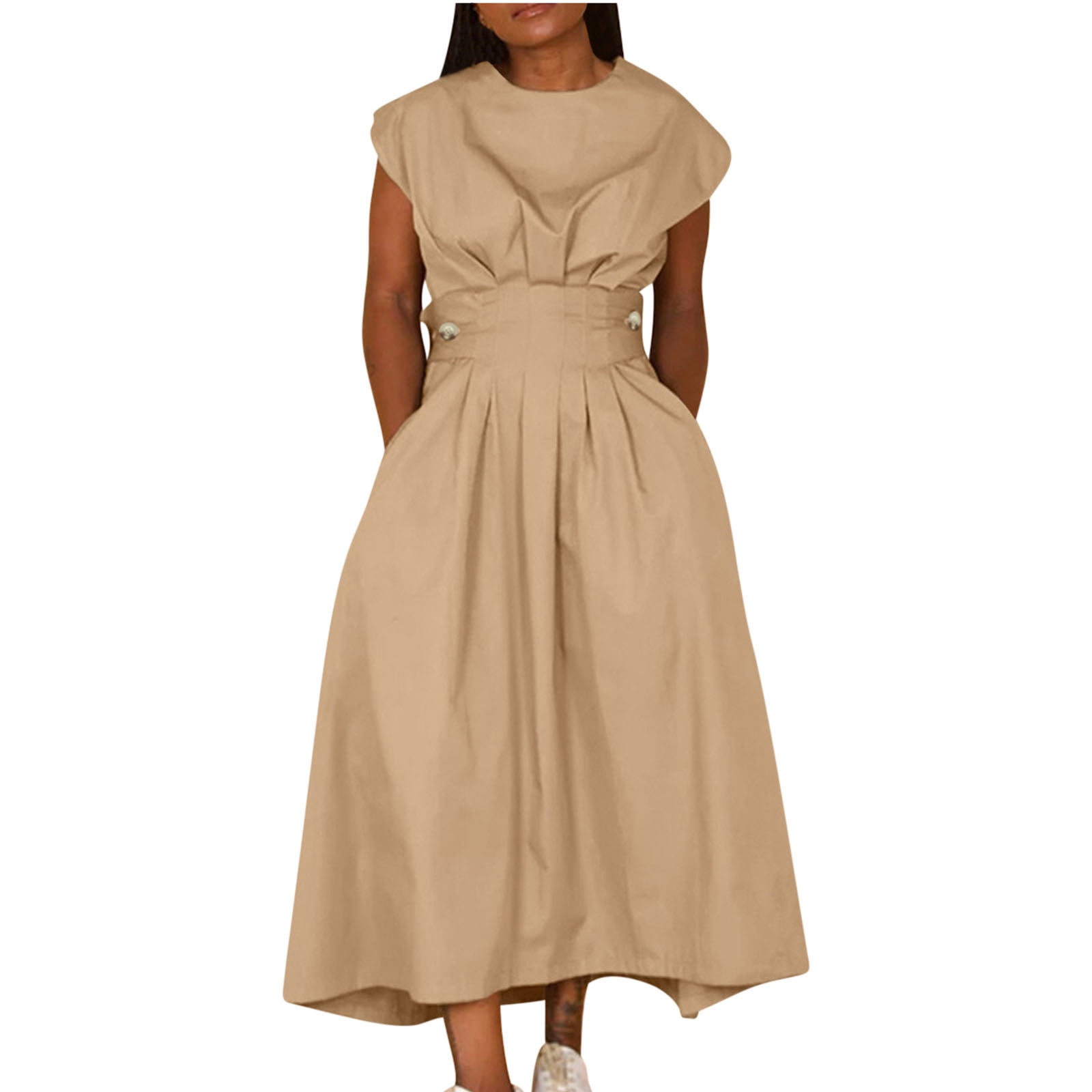 ZQUUVOU Women's Dress Sleeveless Solid Color Round Neck Maxi Dress ...
