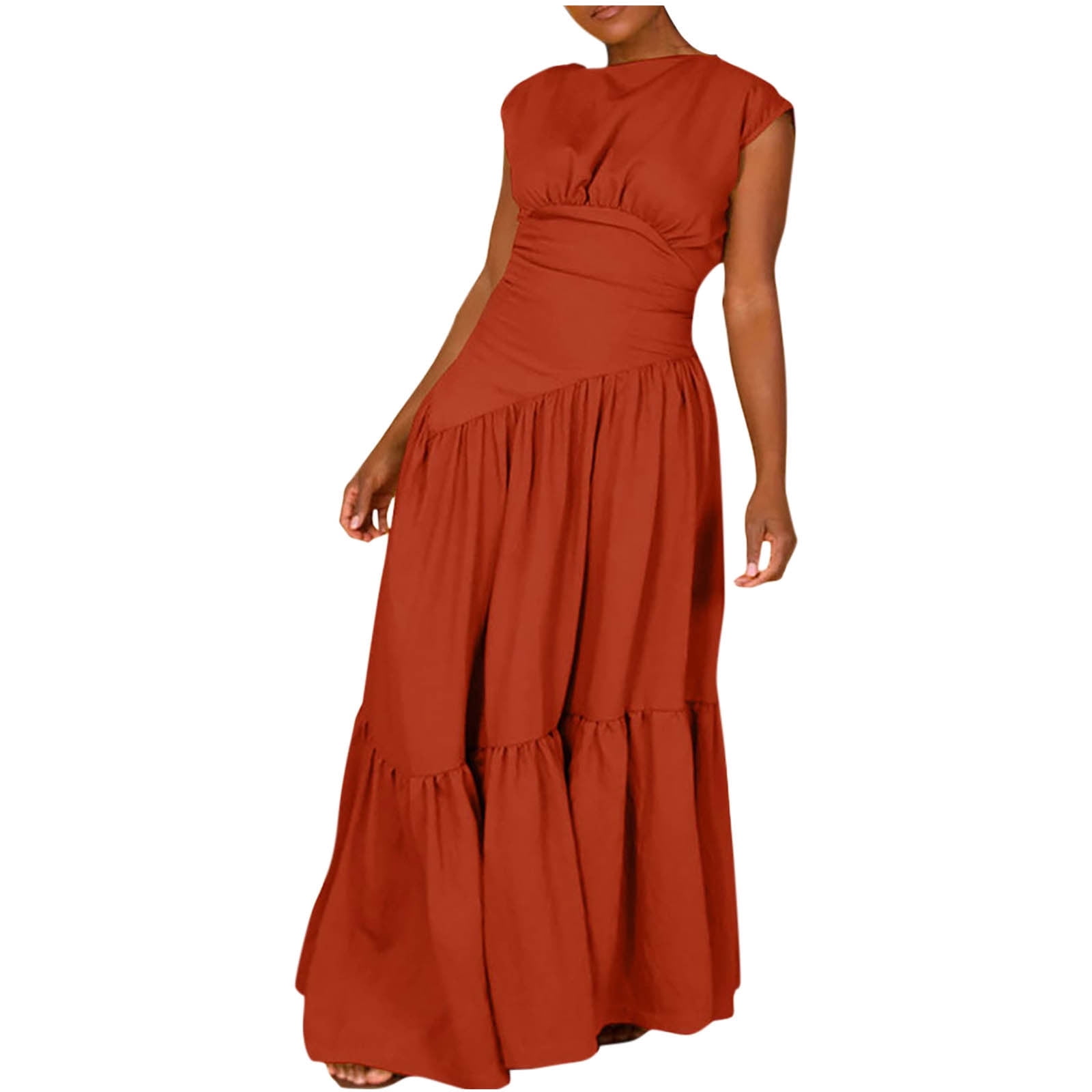ZQUUVOU Women's Dress Sleeveless Solid Color Round Neck Maxi Dress ...