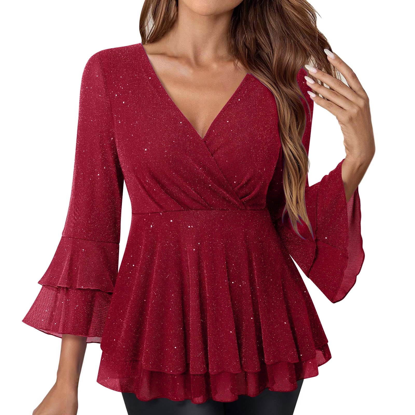 ZQUUVOU Women's Ruffled Blouses 3/4 Sleeve Sparkly Mesh Flowy V Neck ...