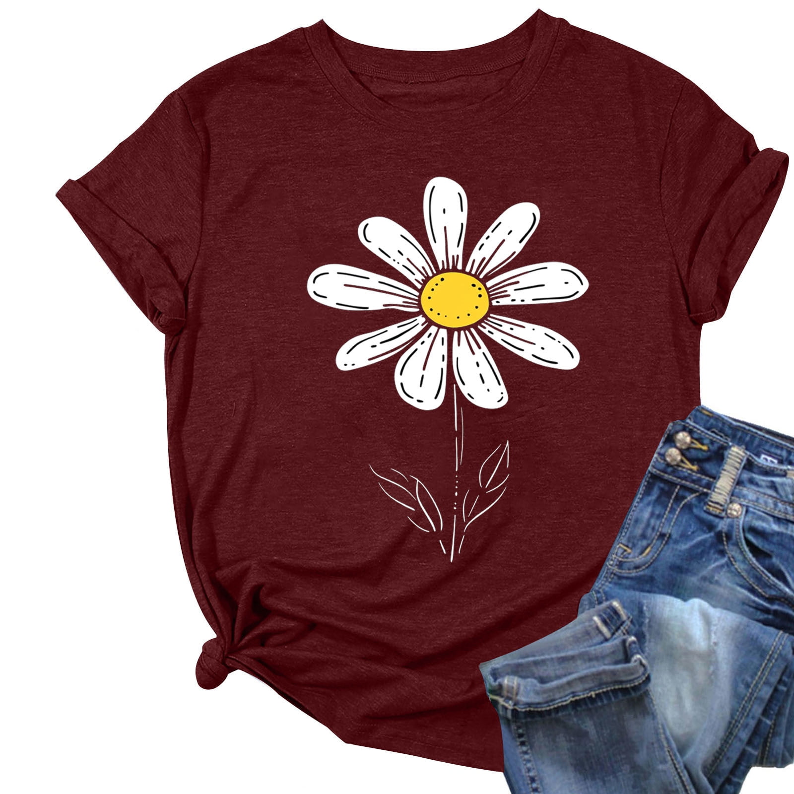 ZQUUVOU Womens T-Shirts Printed Floral Crew Neck Short Sleeved Tops ...