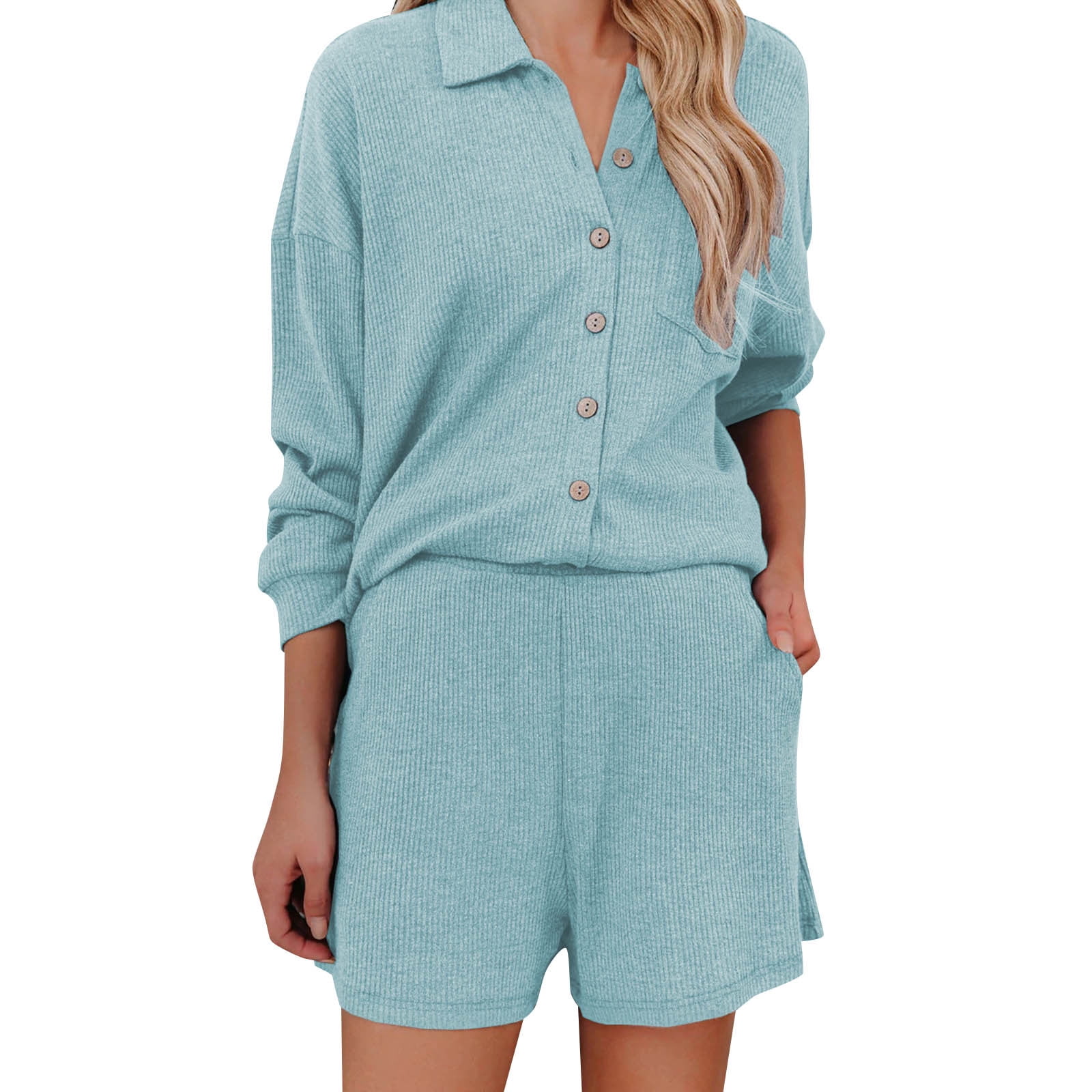 ZRBYWB Pajamas For Women Ladies Solid Color Strip Button Lapel Casual ...