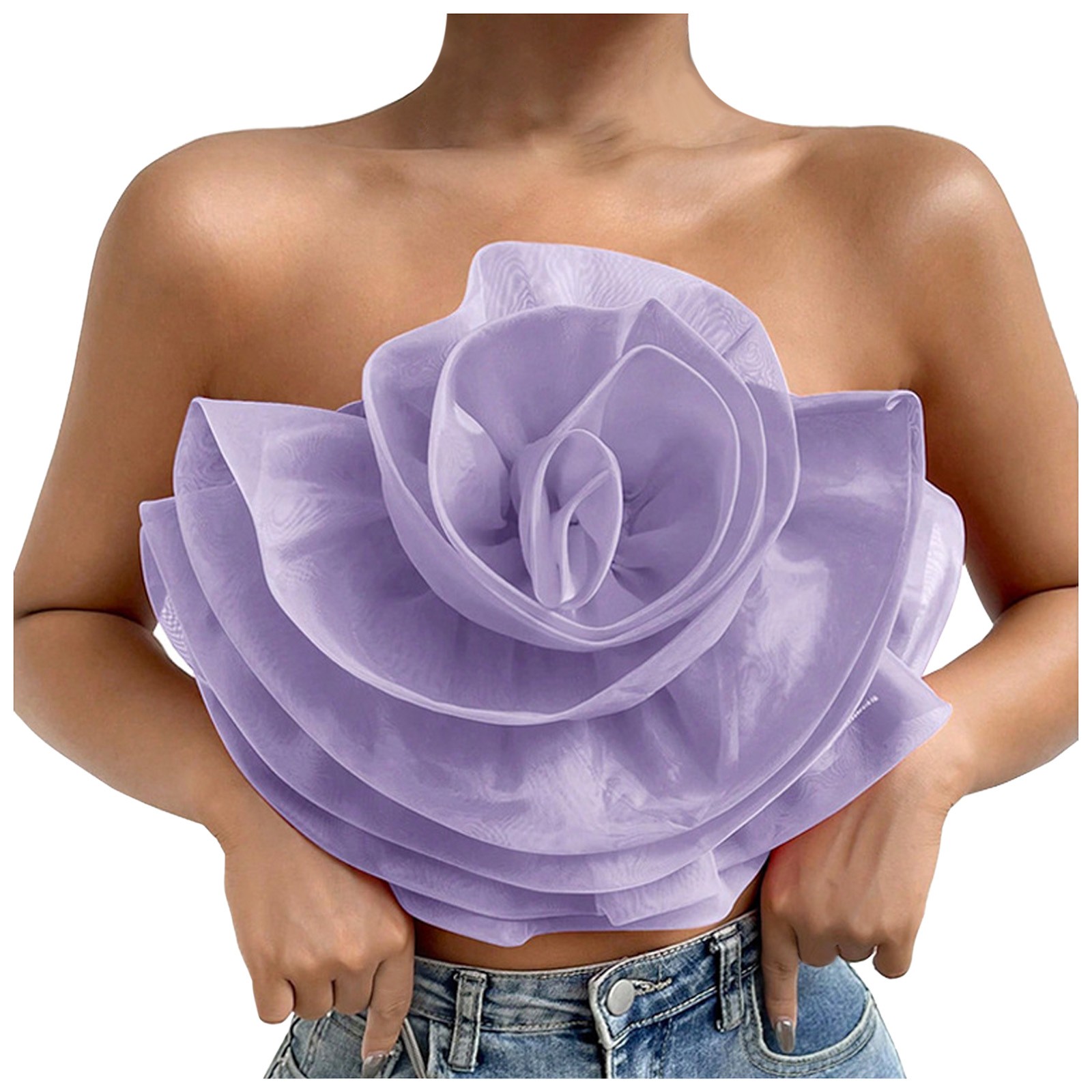 ZRBYWB Womens Tops Ladies Flower Front Crop Tube Top Sleeveless ...