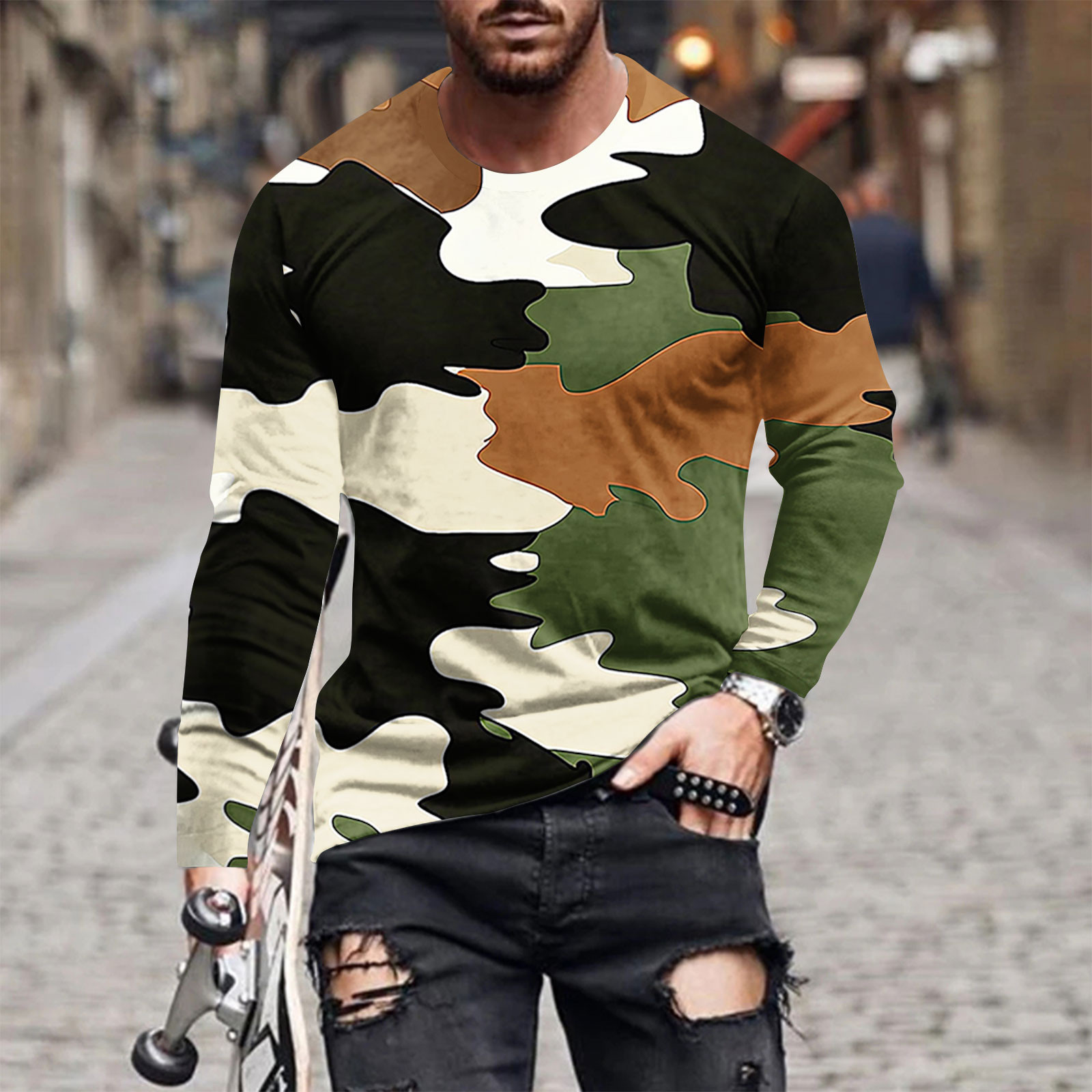 ZRGHAOYLQ Fashion Long Sleeve T-shirt for Men Camouflage Graphic Tee ...