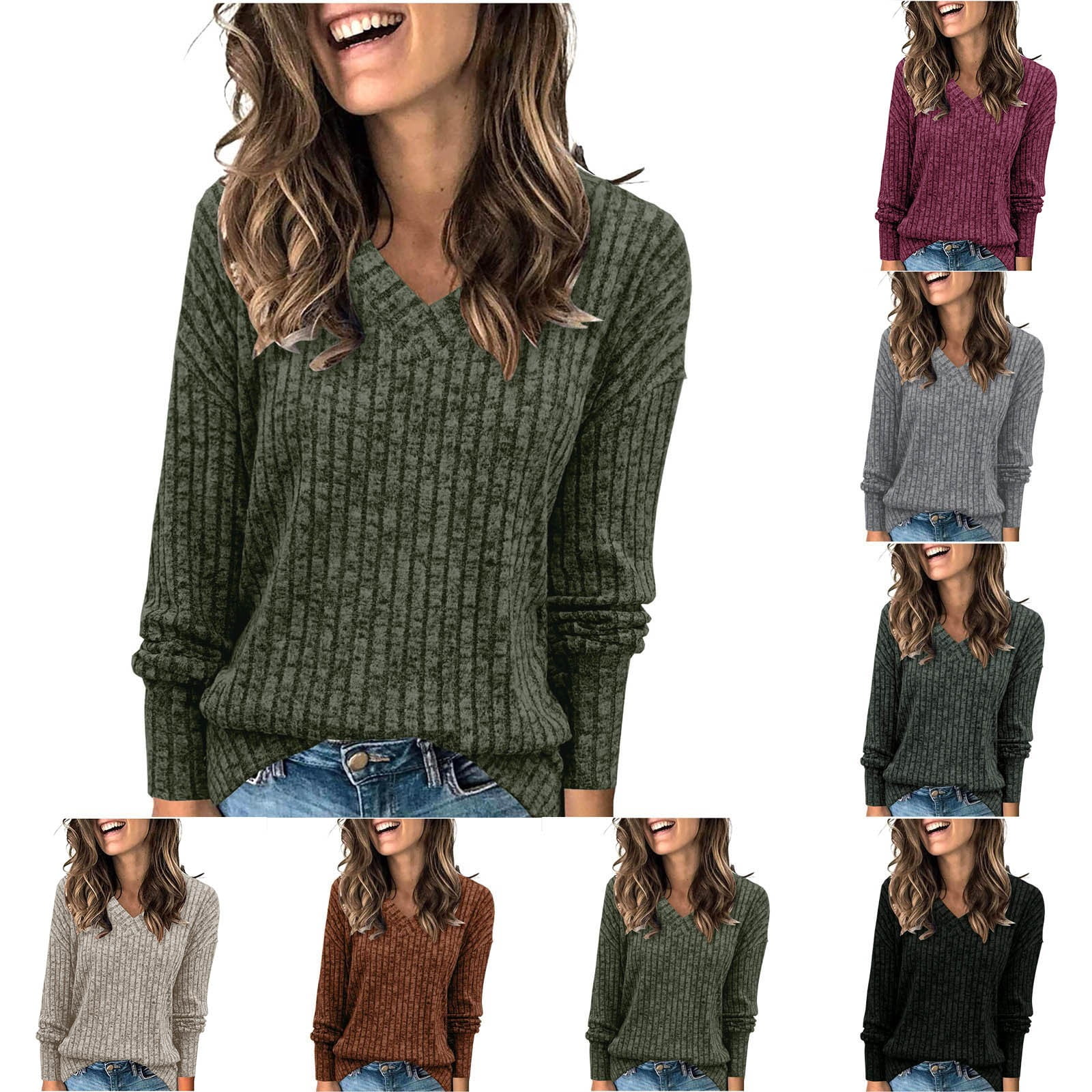ZRGHAOYLQ Light Sweaters for Women V Neck Ribbed Knitted Pullover ...
