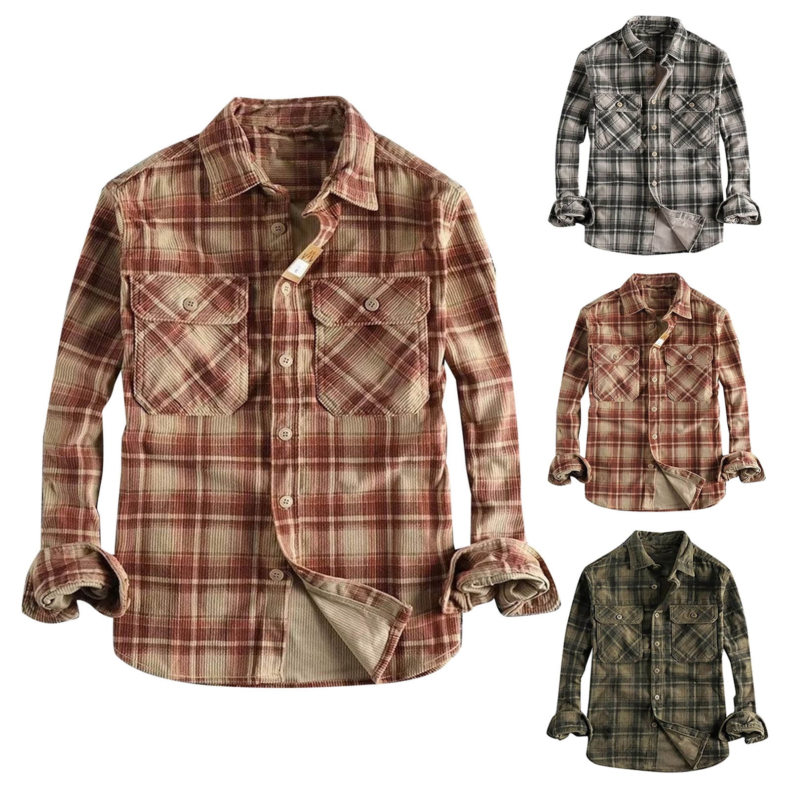 ZRGHAOYLQ Mens Corduroy Plaid Shirts Big and Tall Button Down Jacket Lapel Collar Two Pockets ...