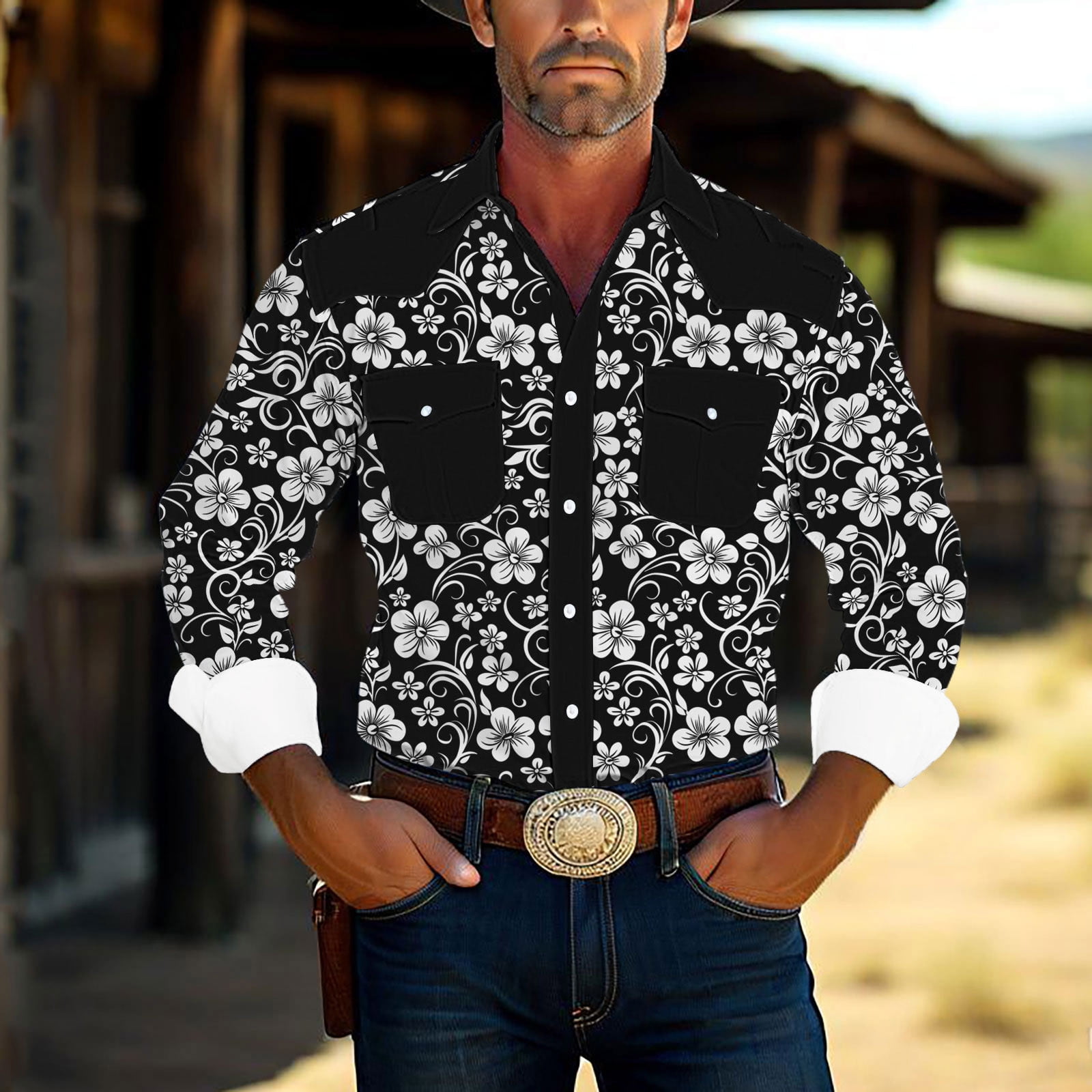 ZRGHAOYLQ Mens Floral Graphic Patchwork Shirts Big and Tall Button Down Long Sleeve Shirt ...