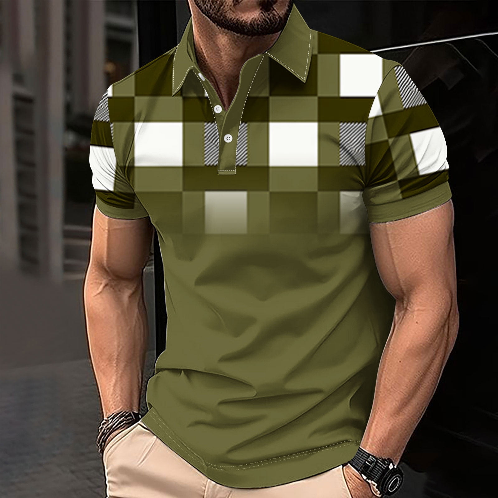 ZRGHAOYLQ Mens Plaid Henley Shirt Plus Size Button Up V Neck Shirts Comfy Short Sleeve Collared ...