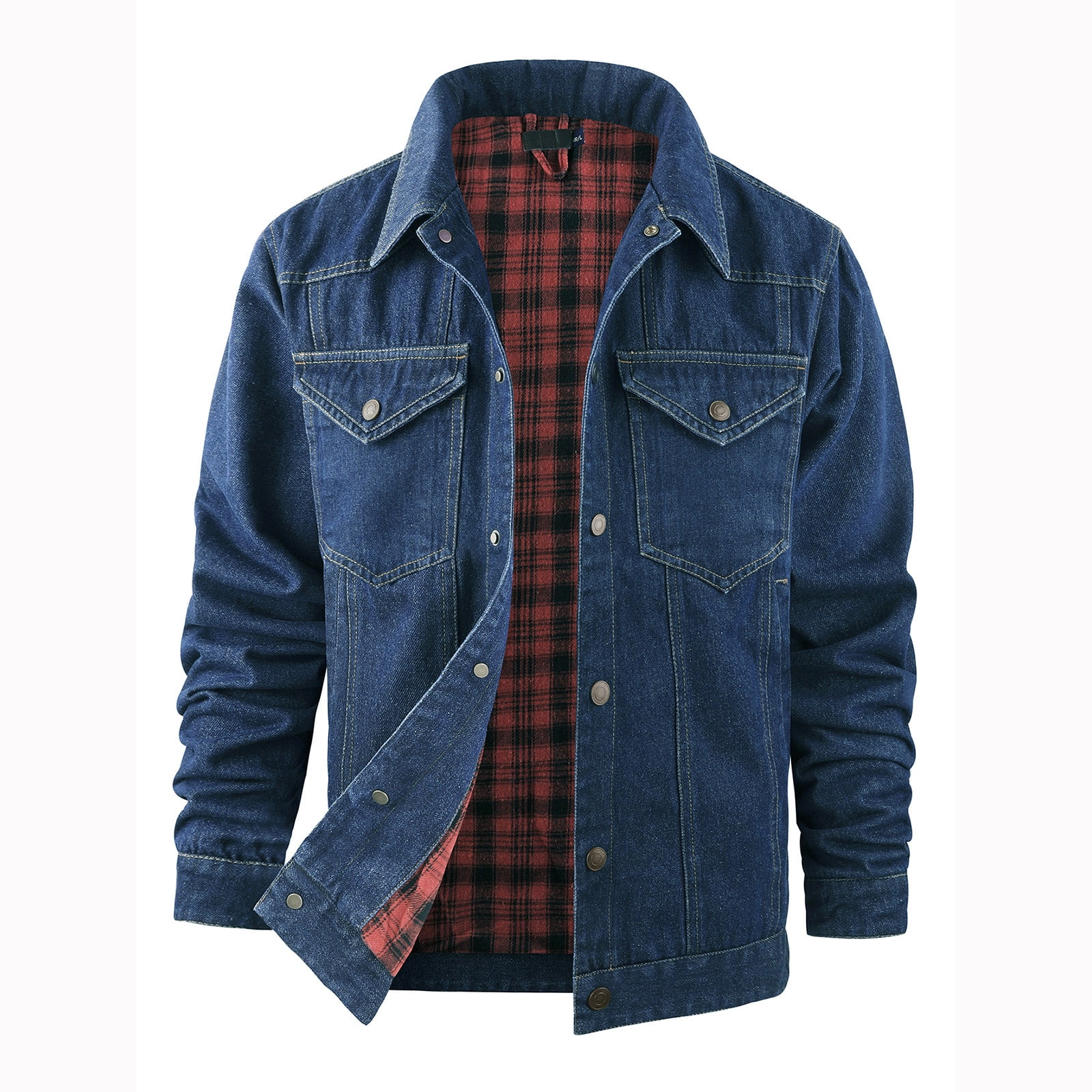 ZRGHAOYLQ Plaid Lined Denim Jacket Big And Tall Long Sleeve Pocket ...