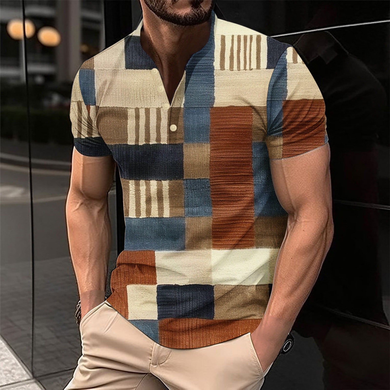 ZRGHAOYLQ Plus Size Henley Shirts for Men Short Sleeve Plaid Patchwork Tshirts Cooling Button Up ...