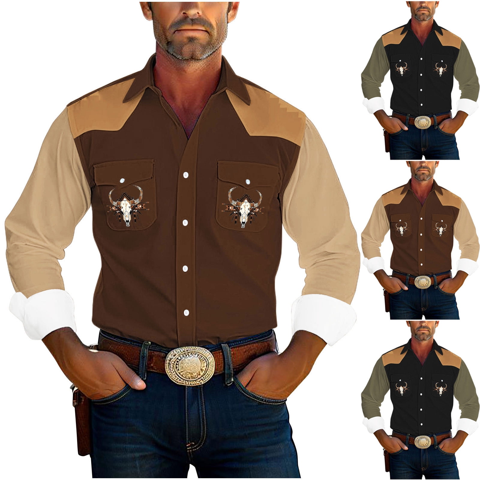 ZRGHAOYLQ Vintage Graphic Color Block Shirts Mens Loose Fit Casual Long ...