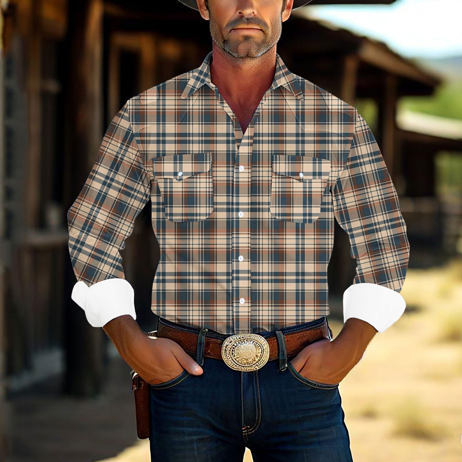 ZRGHAOYLQ Western Plaid Cowboy Shirts Big and Tall Button Down Long Sleeve Shirts for Men Loose ...