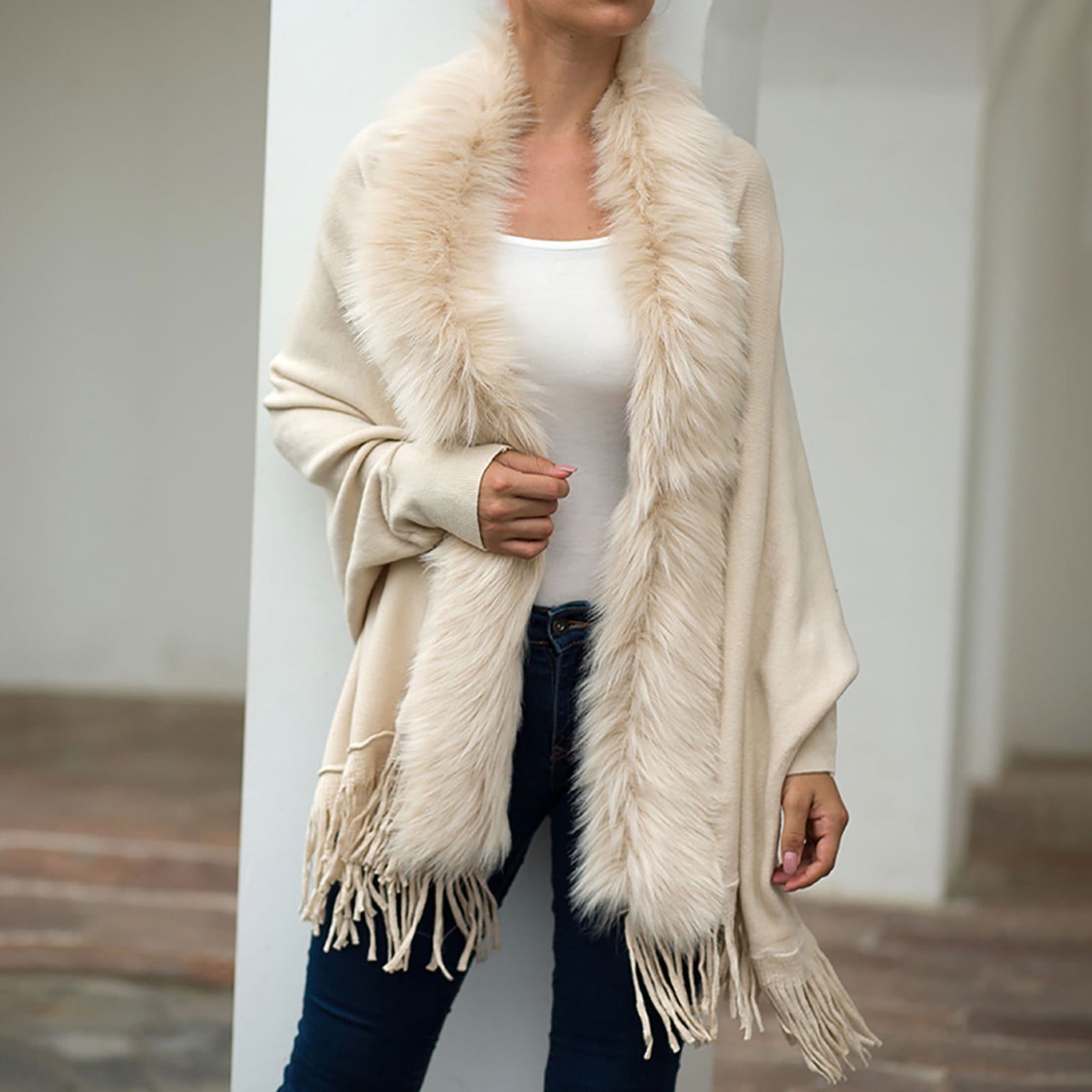 ZRGHAOYLQ Womens Fuzzy Faux Fur Trim Poncho Cape Trendy Tassel Knitted ...