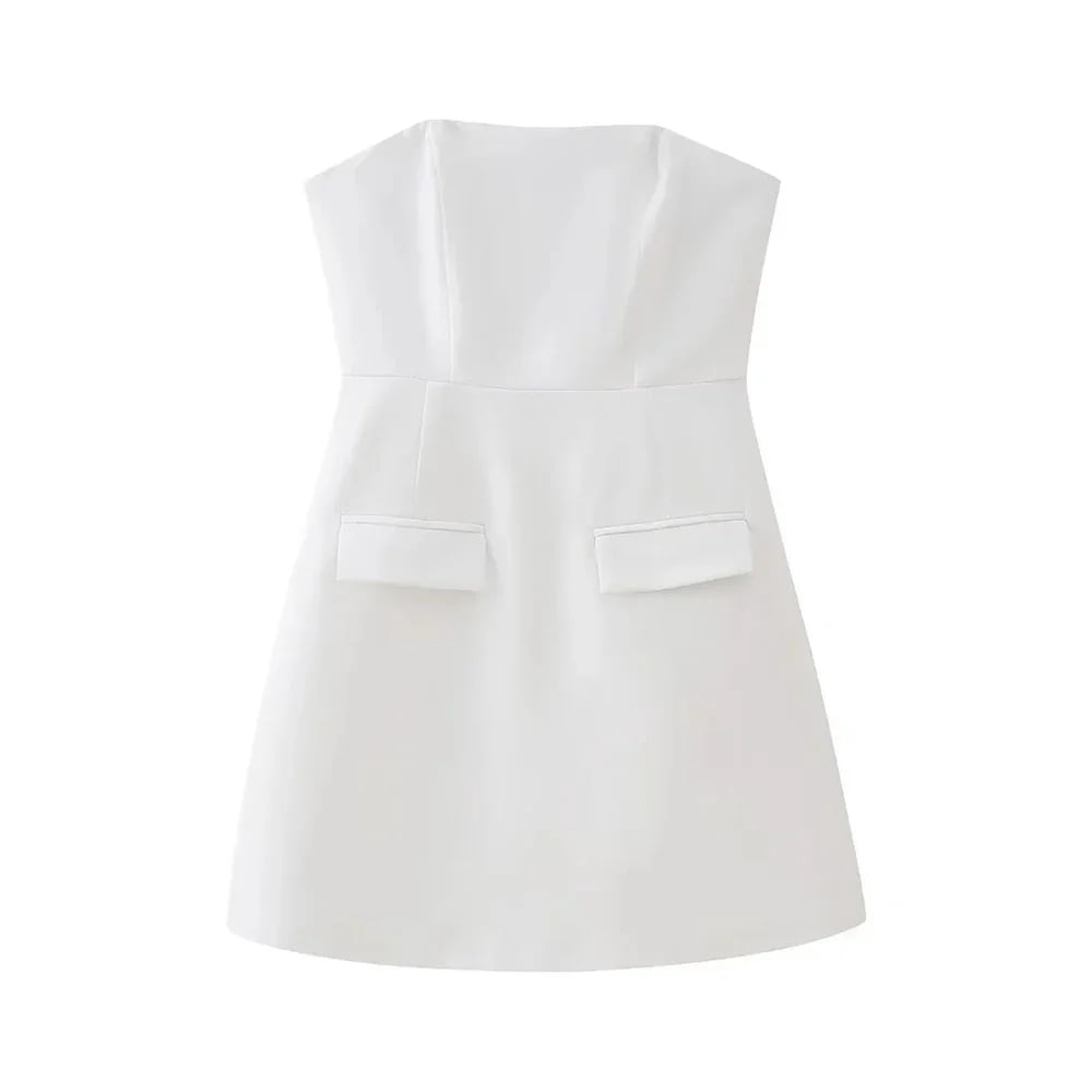 ZRN-Strapless Mini Dress With Flap For Women, Straight Neck, Back ...