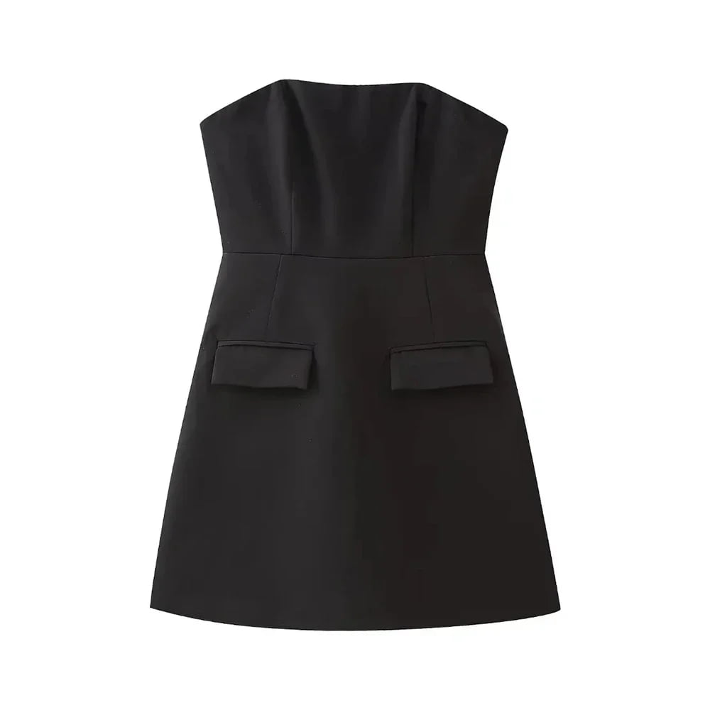ZRN-Strapless Mini Dress With Flap For Women, Straight Neck, Back ...