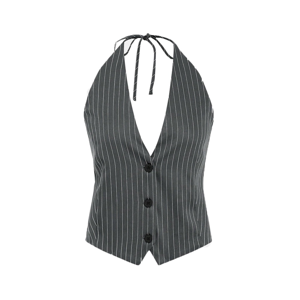ZRN-Women's Front Button Striped Halter Neck Tank Tops, Sexy Backless With Bow Tie, Female Camis ...