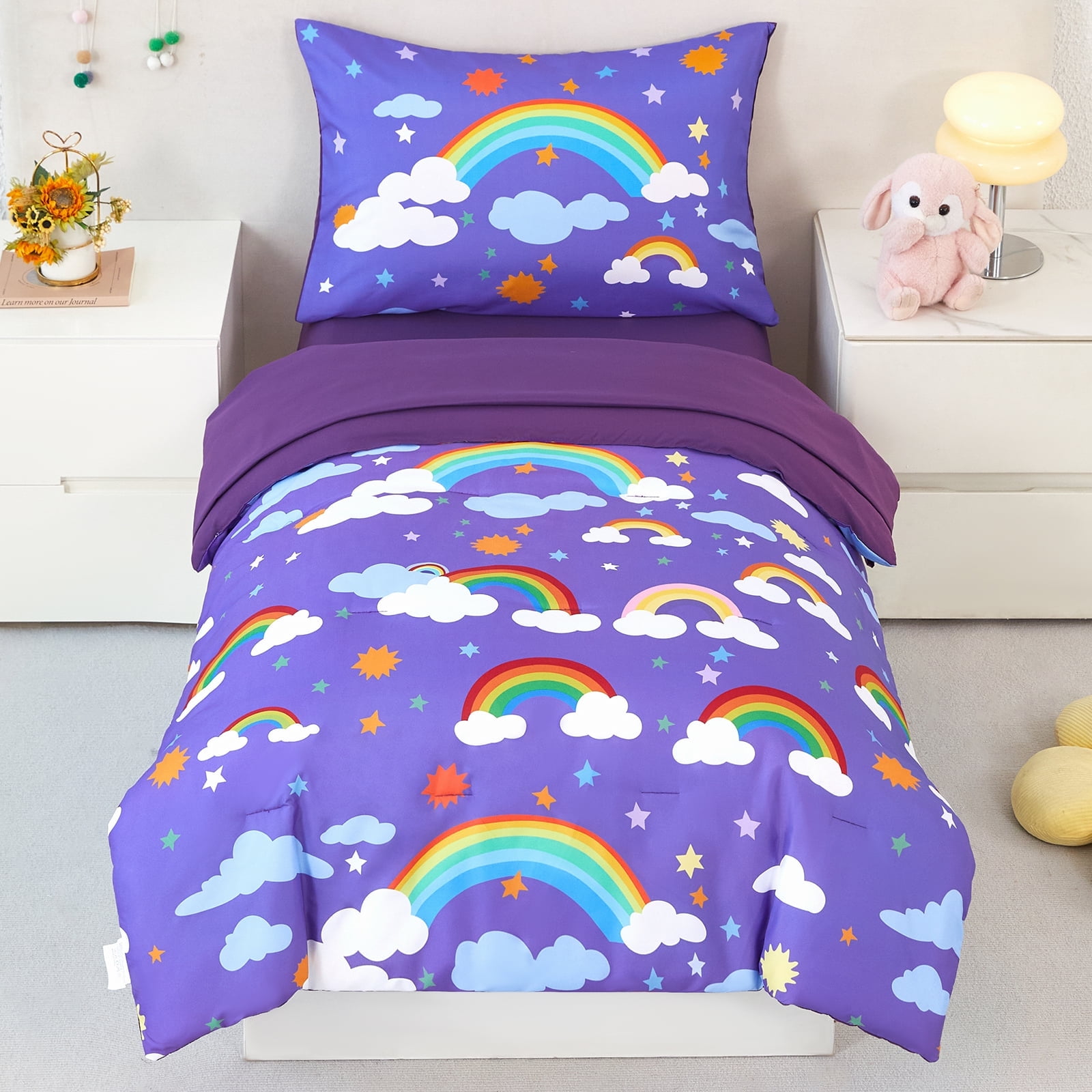 ZRNBAST 4 Piece Toddler Comforter Set for Girls, Soft Colorful Rainbow ...