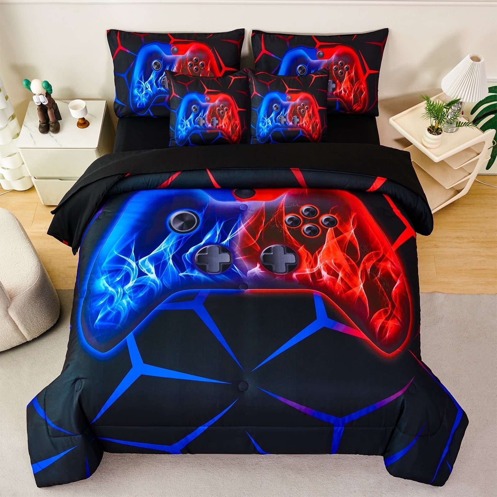 ZRNBAST 7-Piece Gaming Bedding Set Queen Size Bed in a Bag 3D Red Blue ...