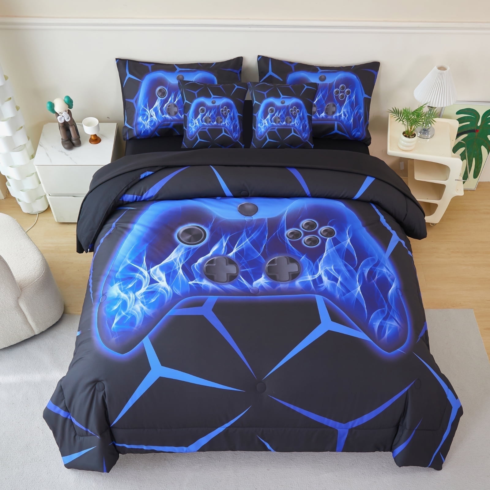 ZRNBAST Blue Gameing Comforter Set Queen Bed in a Bag Gamer Bedding Sets for Boys 7 Pieces ...