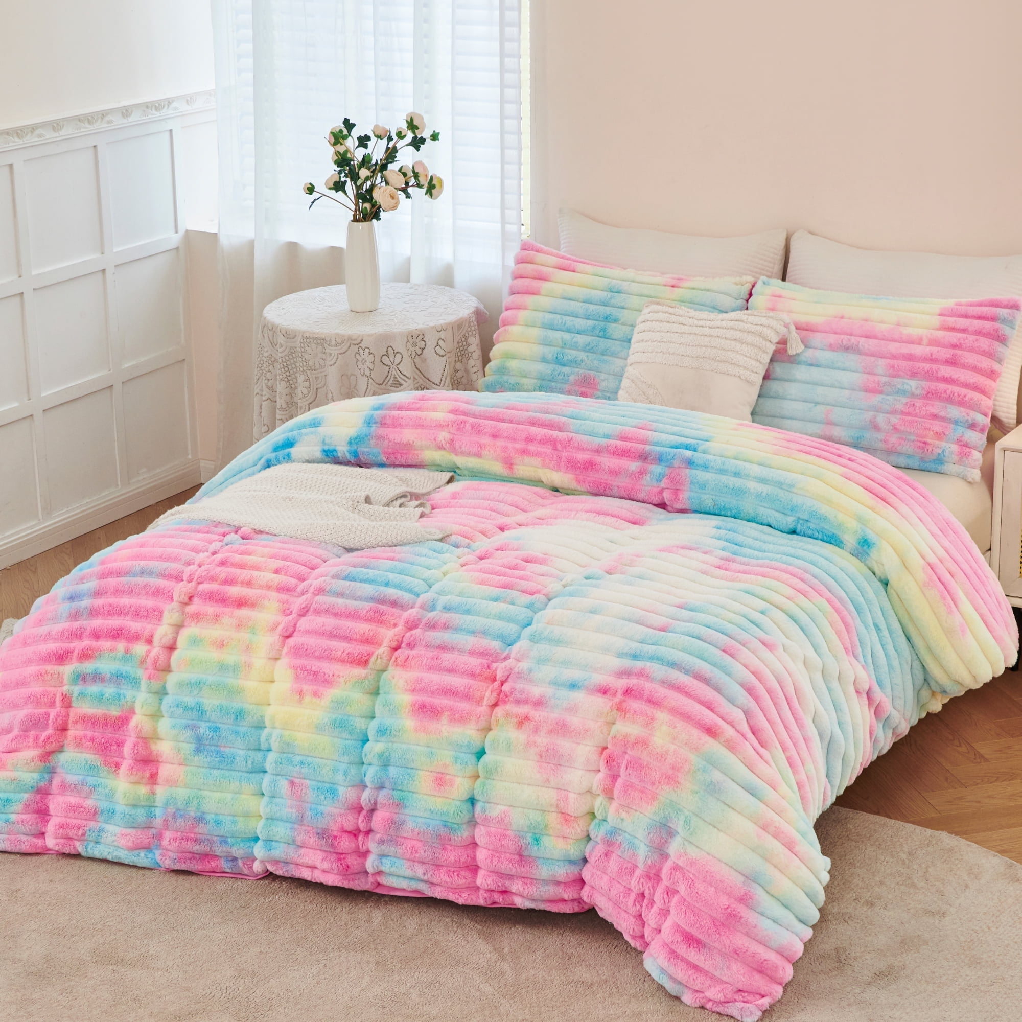 ZRNBAST Fluffy Comforter Set Full Size, Super Soft Faux Fur Bed Set Tie ...