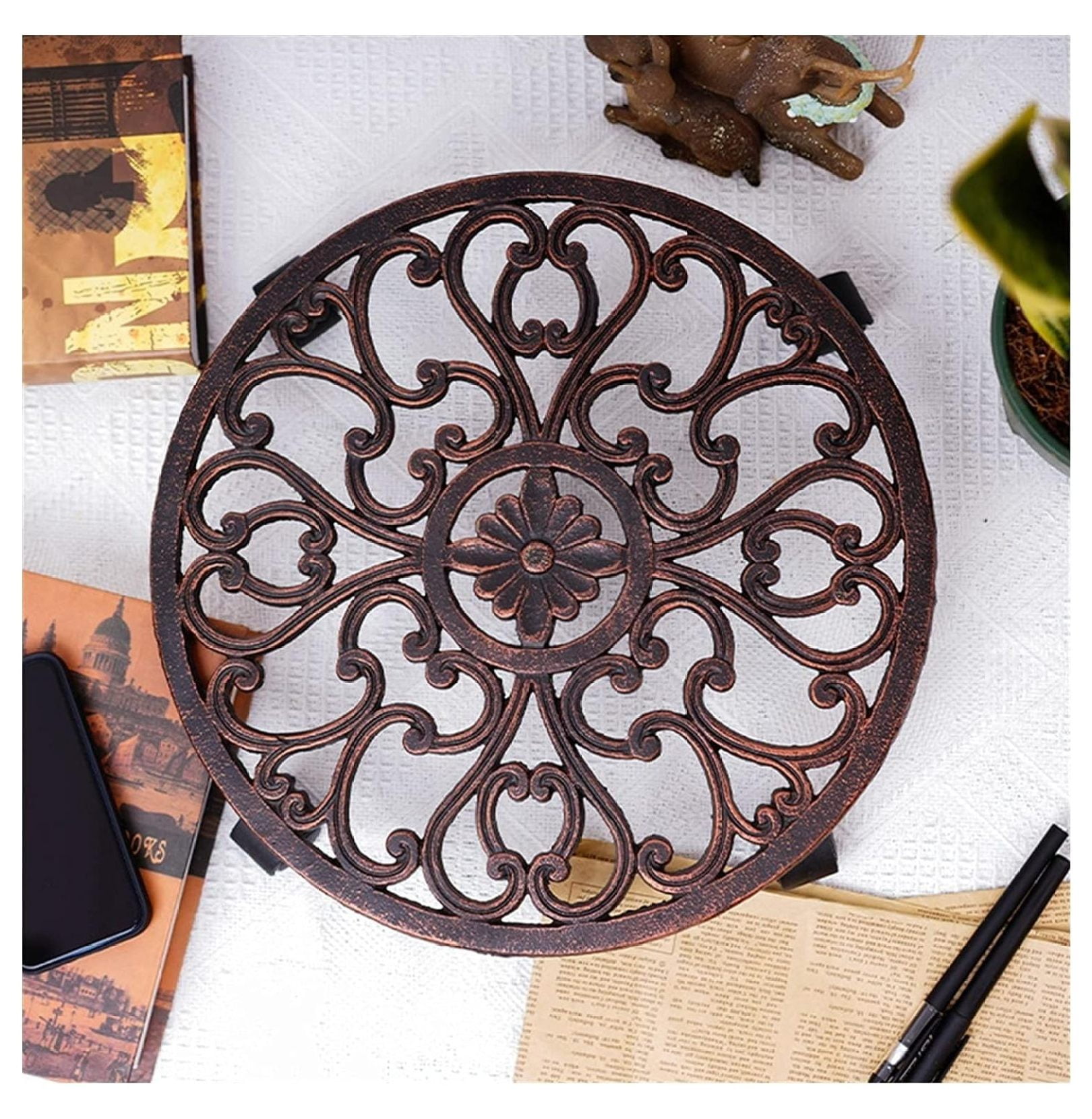 ZRQarq 35cm Cast Iron Plant Stand, Planter Caddy with Wheels, Planter ...