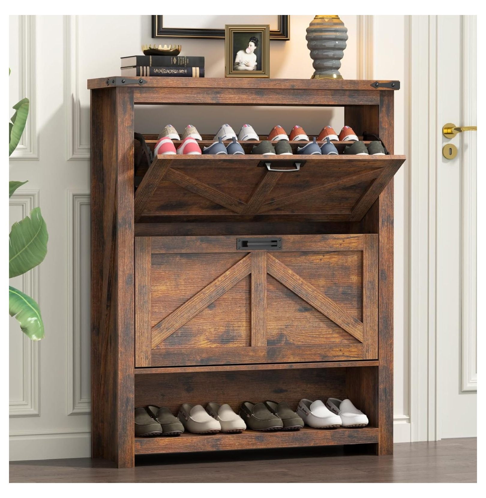 ZRQarq Farmhouse Shoe Cabinet, Freestanding Tipping Bucket Shoe Rack ...