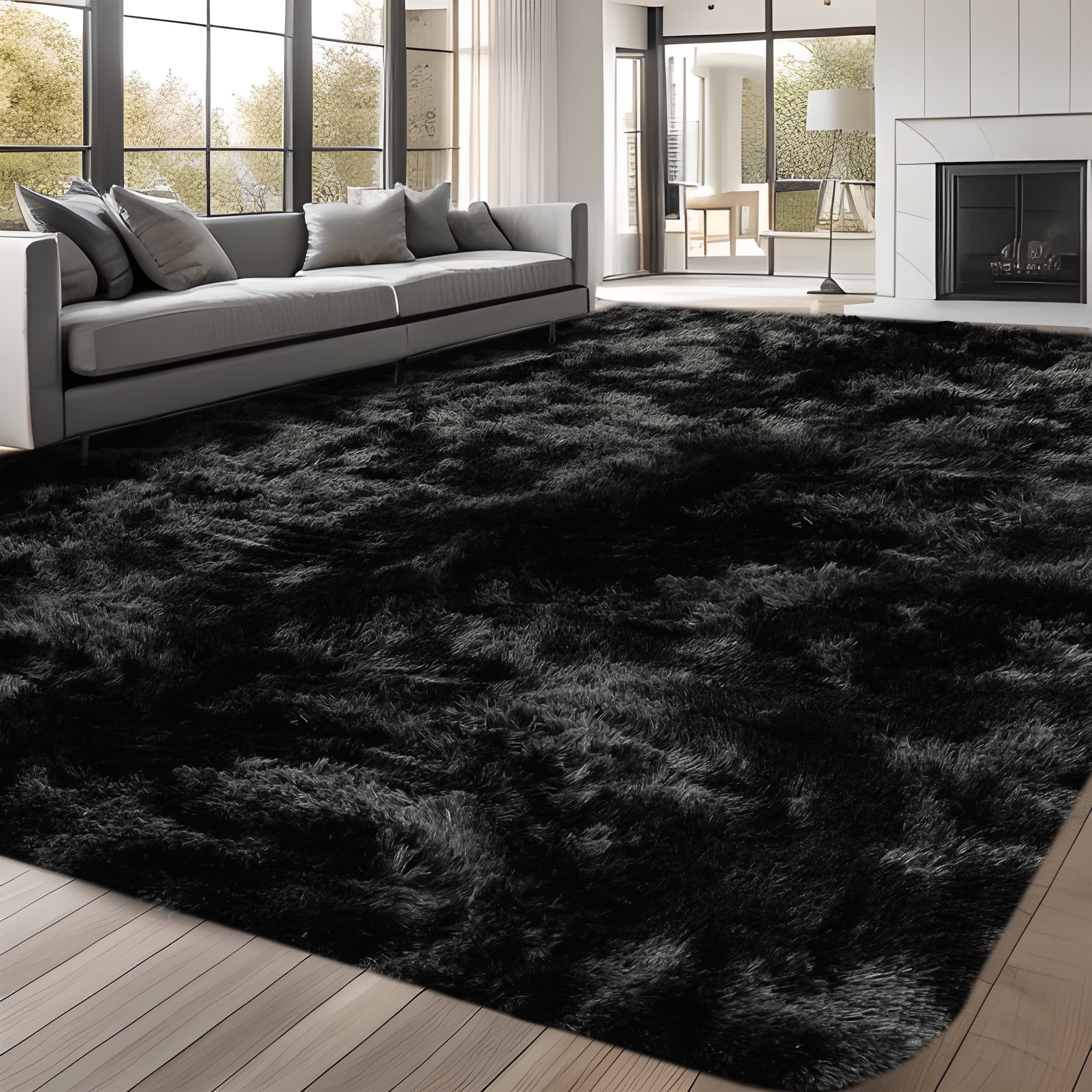ZRSDIXKI 9'x12' Black Furry Rug, Soft Plush Velvet, Non-Slip Large ...