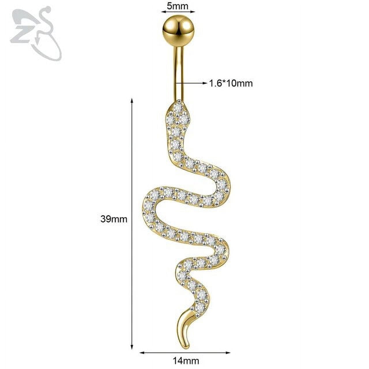ZS 1 PC Gold Color 14G Stainless Steel Belly Ring Snake Heart Shiny CZ ...
