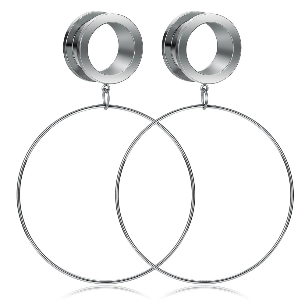 ZS 1 Pair Hoop Dangle Ear Tunnel Plugs Expander Silver Stainless Steel ...